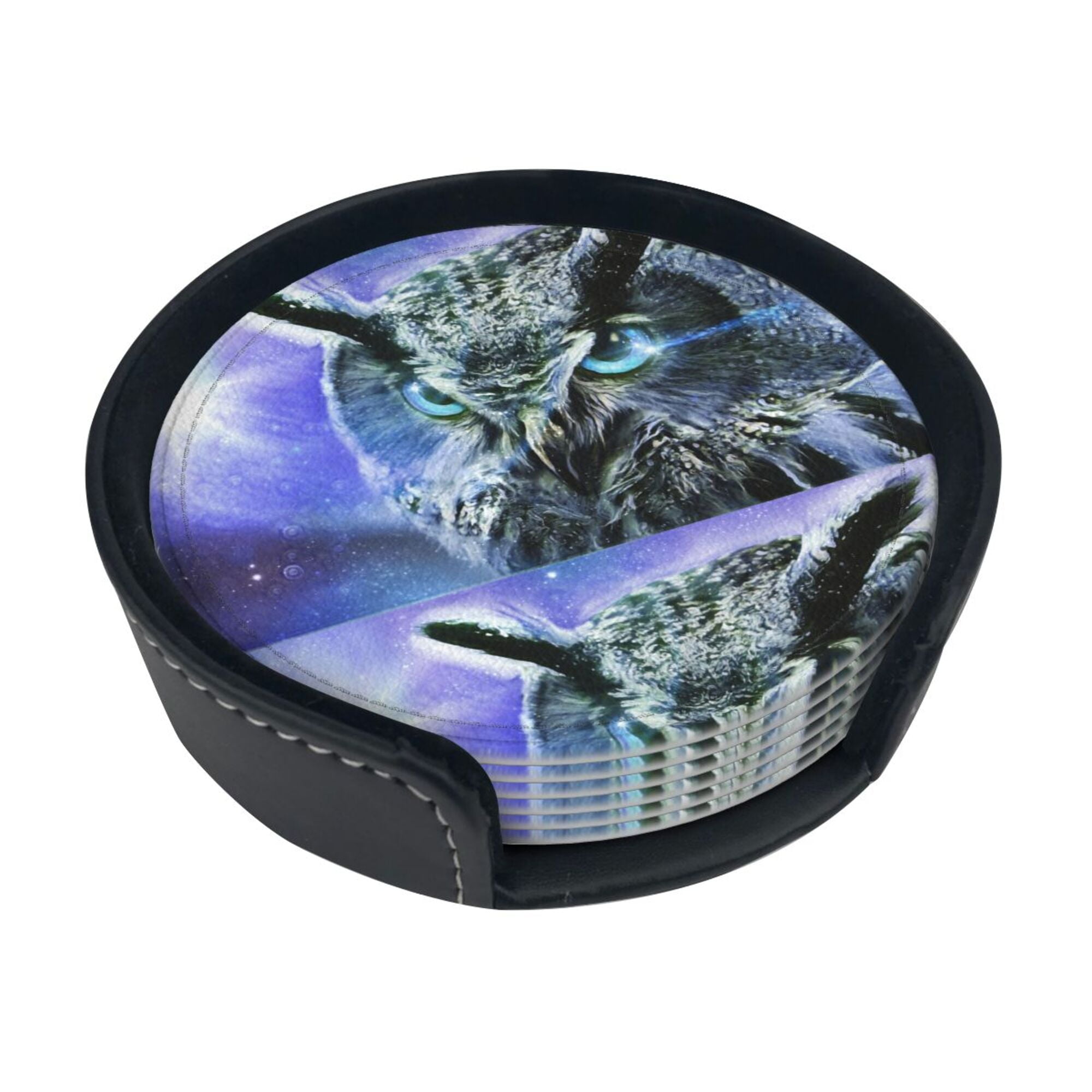 Round Pu Leather Coaster Spectacle Owl Heat - Resistant Beverage Cup ...
