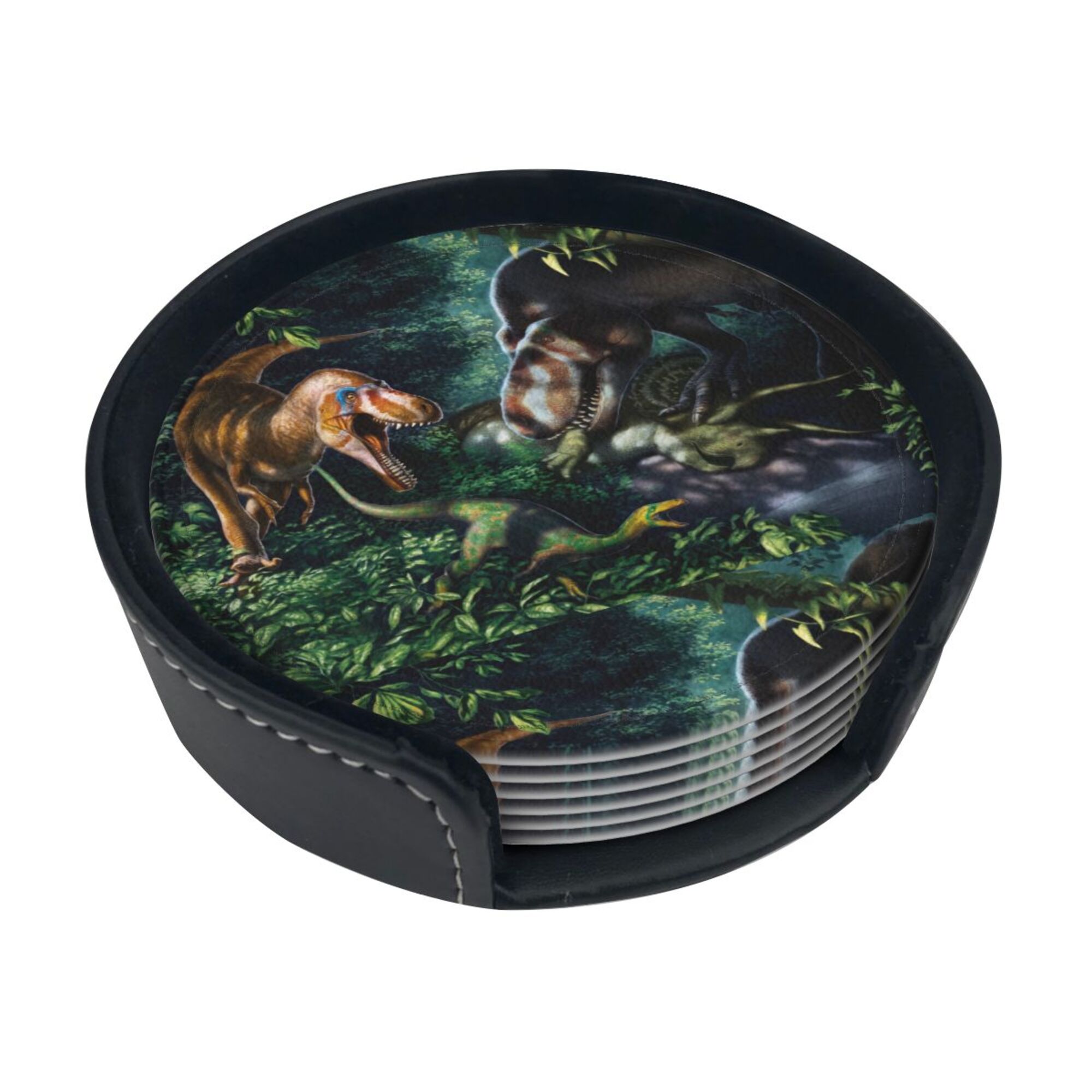 Round Pu Leather Coaster T-Rex Dinosaur Heat - Resistant Beverage Cup ...