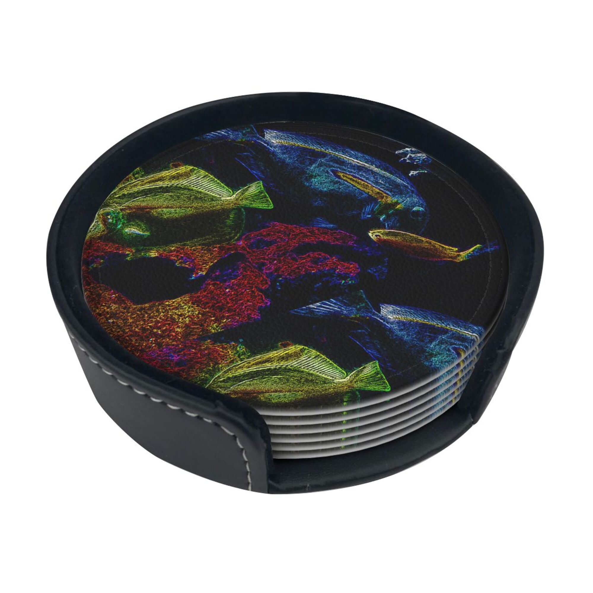 Round Pu Leather Coaster Three Saltwater Tropical Fish Heat - Resistant ...