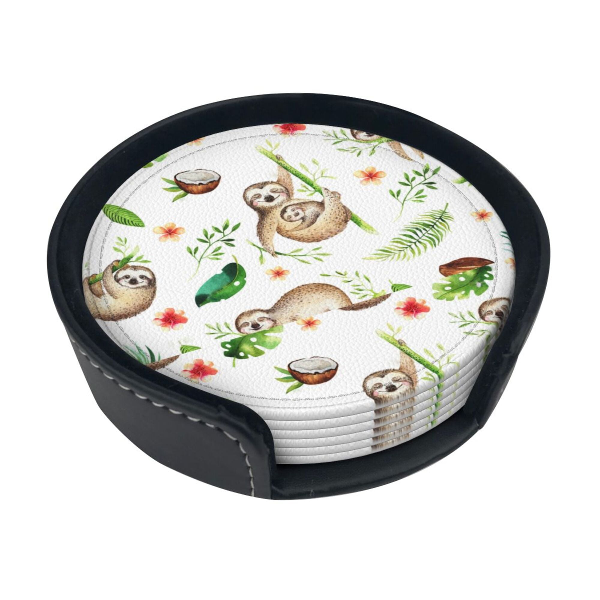Round Pu Leather Coaster Tropical Leaves Sloth Heat - Resistant ...