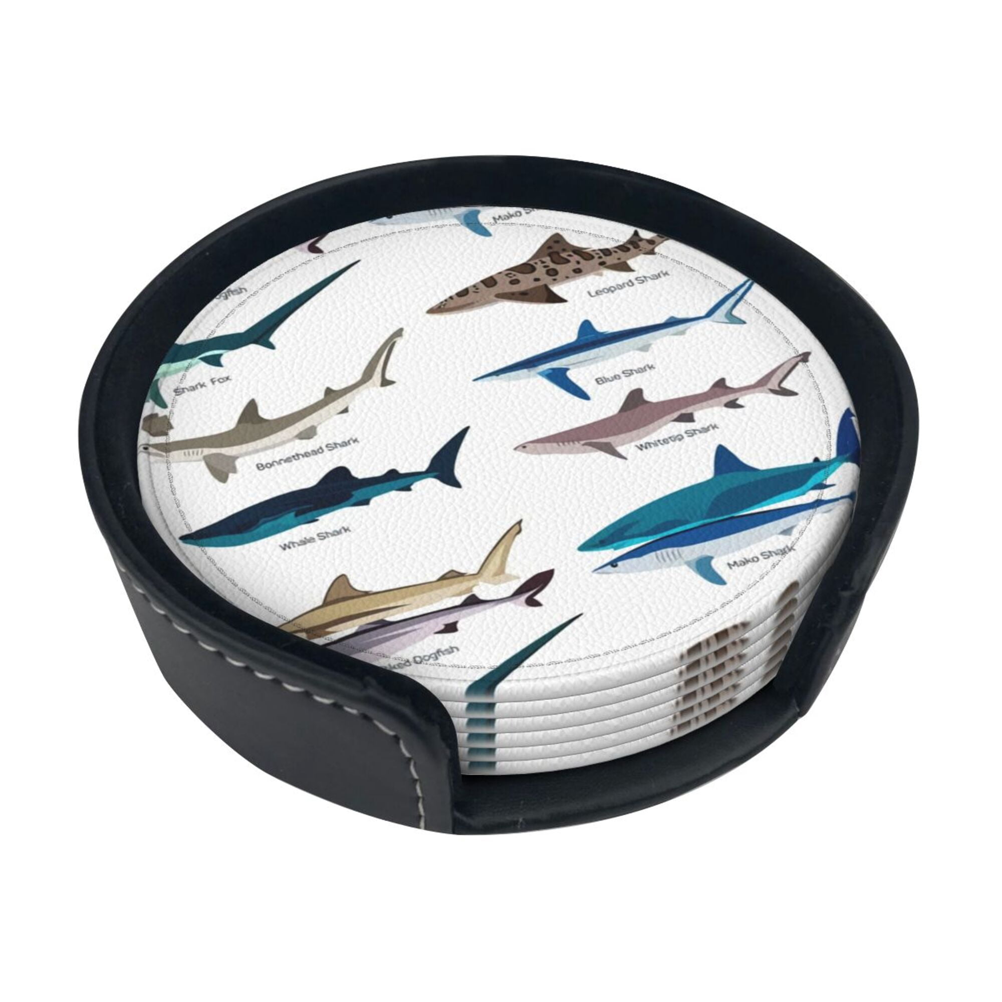 Round Pu Leather Coaster Types Of Sharks Bronze Whaler Maritime Design ...