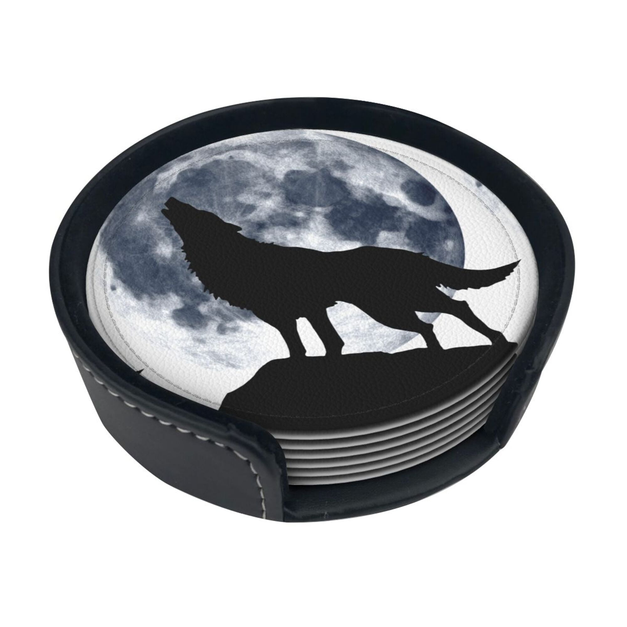 Round Pu Leather Coaster Wolf Moon Heat - Resistant Beverage Cup Mat ...