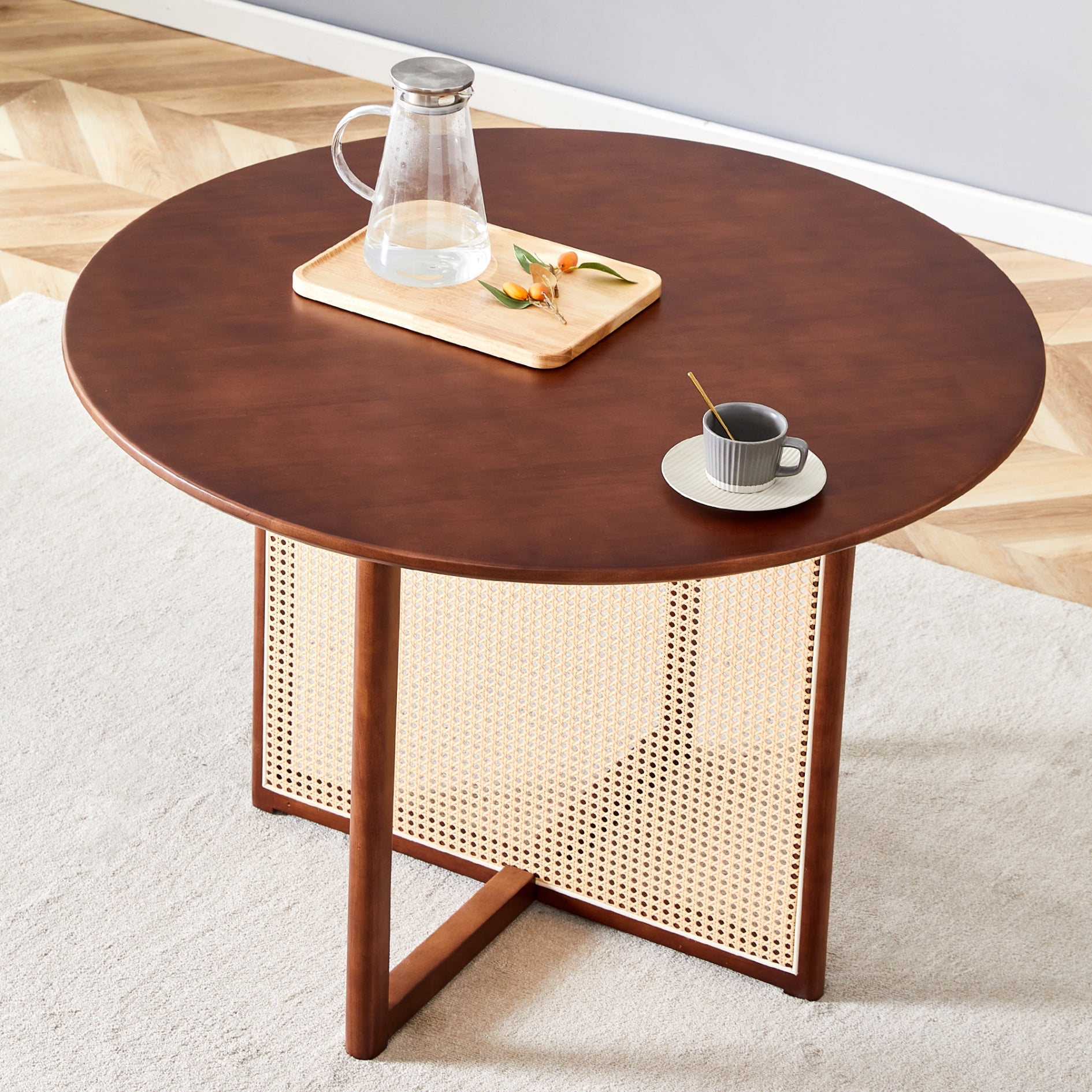 Round Rattan Dining Table, Retro Solid Wood Dinner Table for Kitchen ...