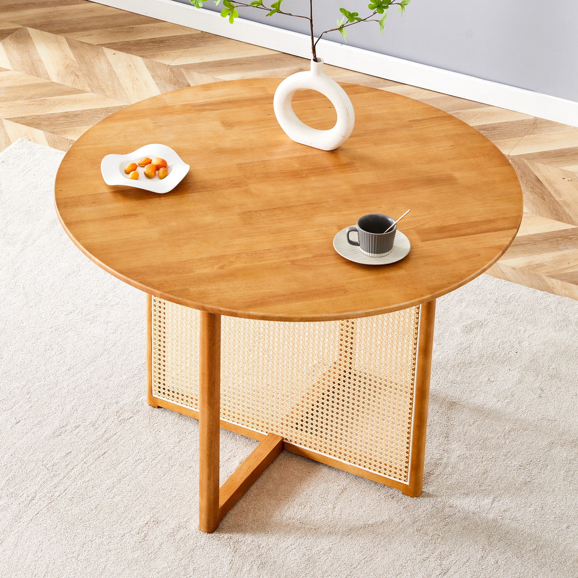 Round Rattan Dining Table, Retro Solid Wood Dinner Table for Kitchen ...
