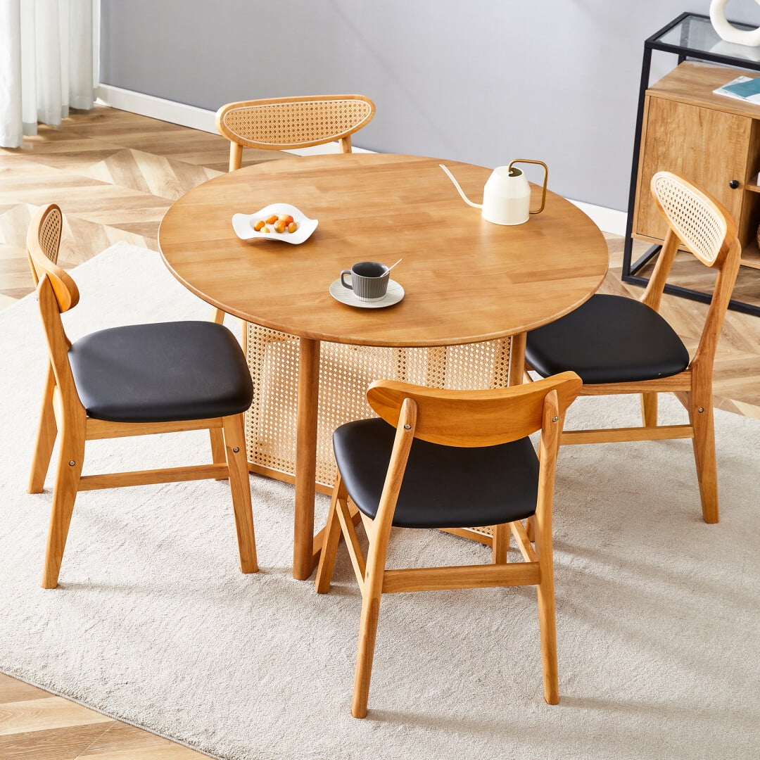 Round Rattan Dining Table with 4 Chairs, Retro Solid Wood Dinner Table ...