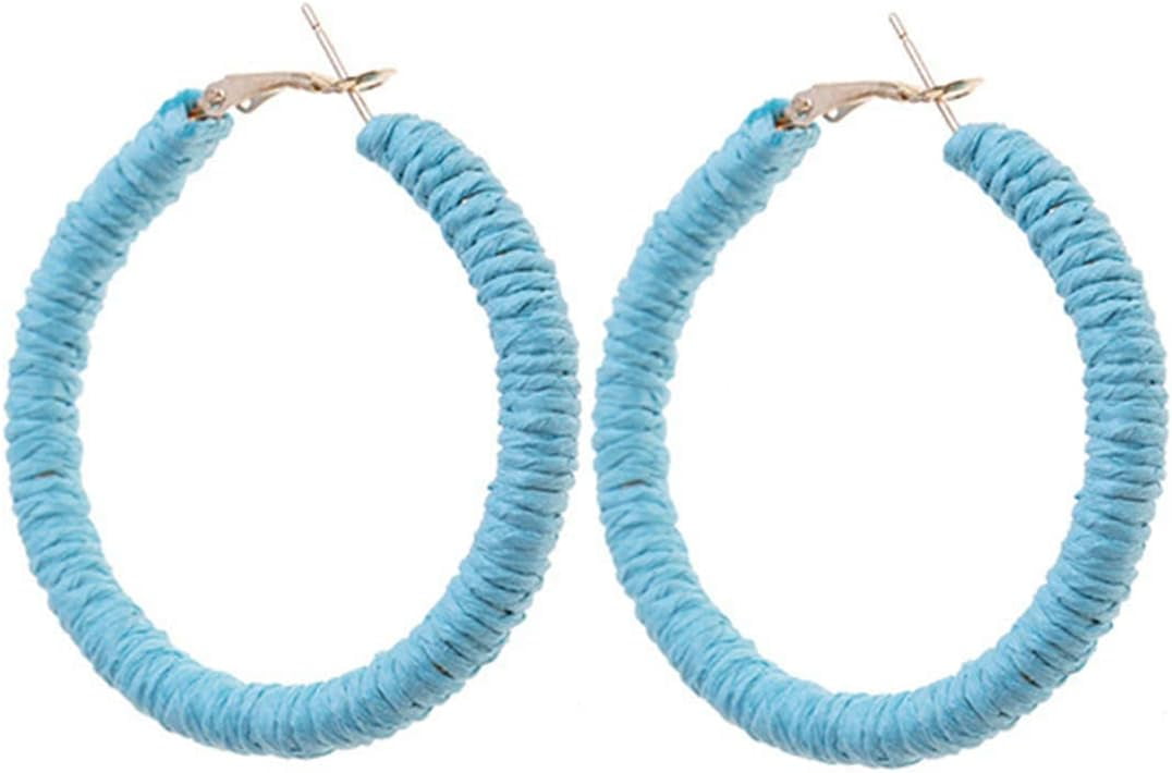 Round Rattan Raffia Straw Wrapped Hoop Drop Dangle Earrings Hand Woven Wicker Geometric ...