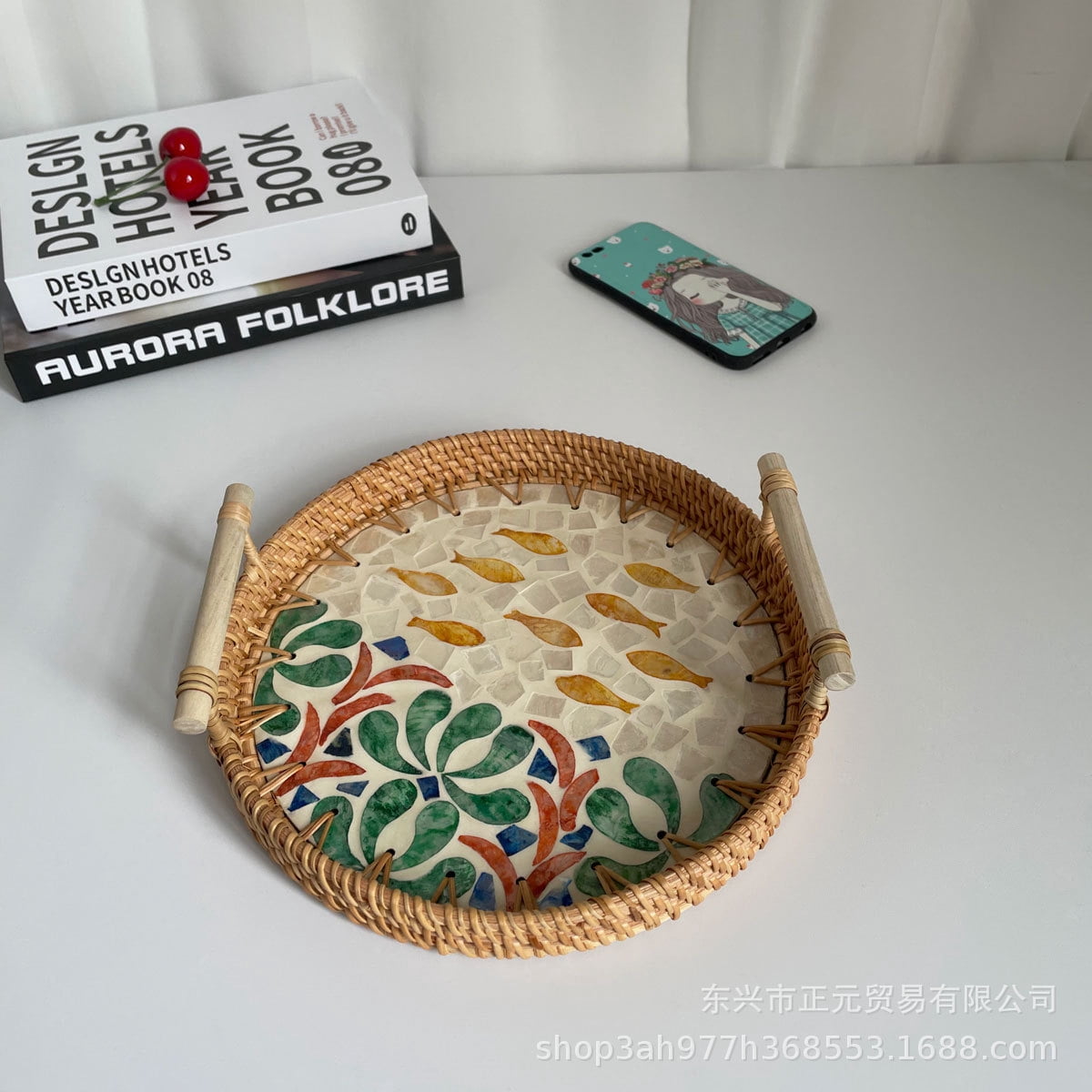 Round Rattan Serving Tray with Mother of Pearl Inlay,Hand Woven ...