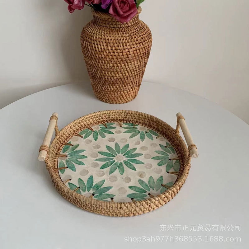 Round Rattan Serving Tray with Mother of Pearl Inlay,Hand Woven ...