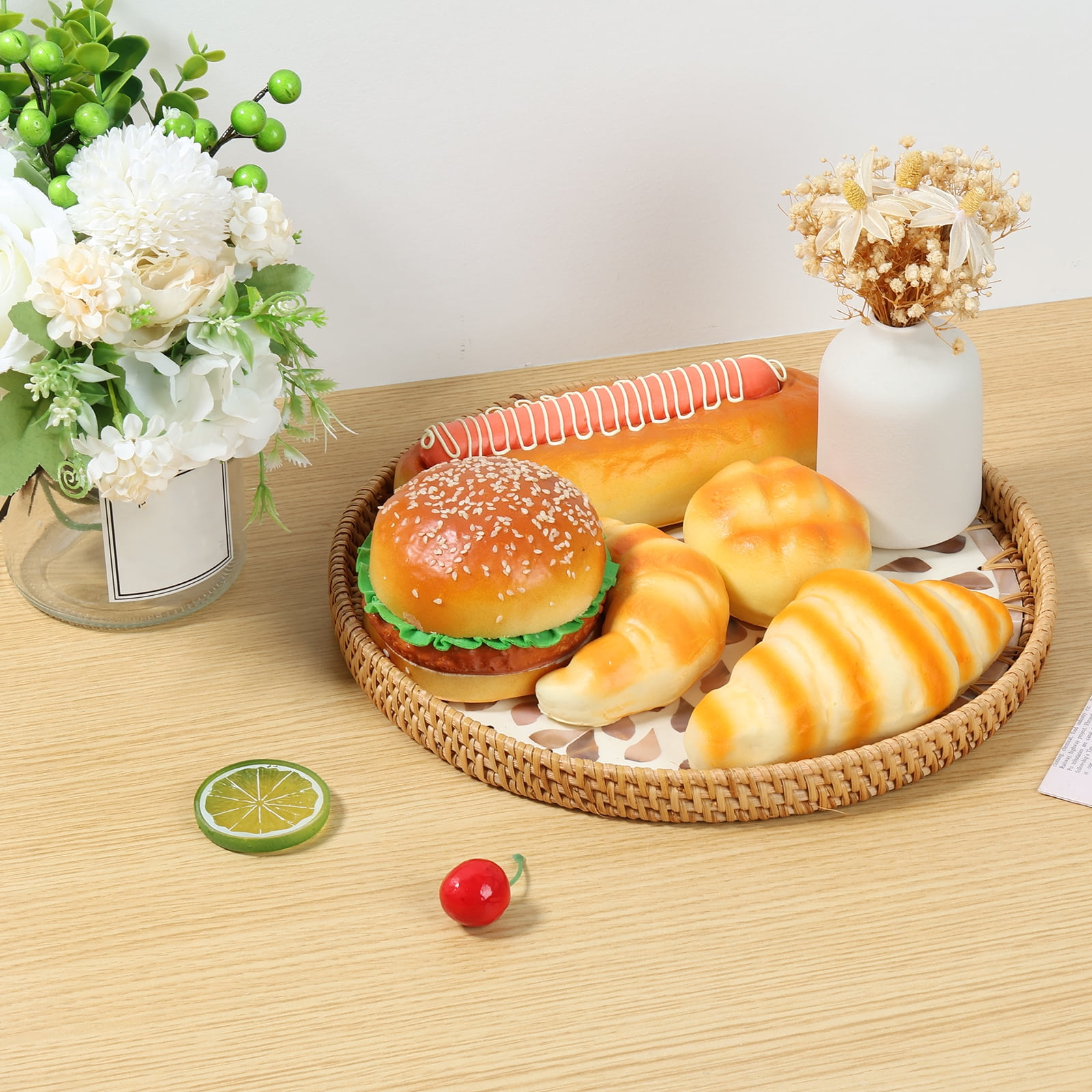 Round Rattan Tray with Mother of Pearl Inlay Rattan Serving Tray with ...