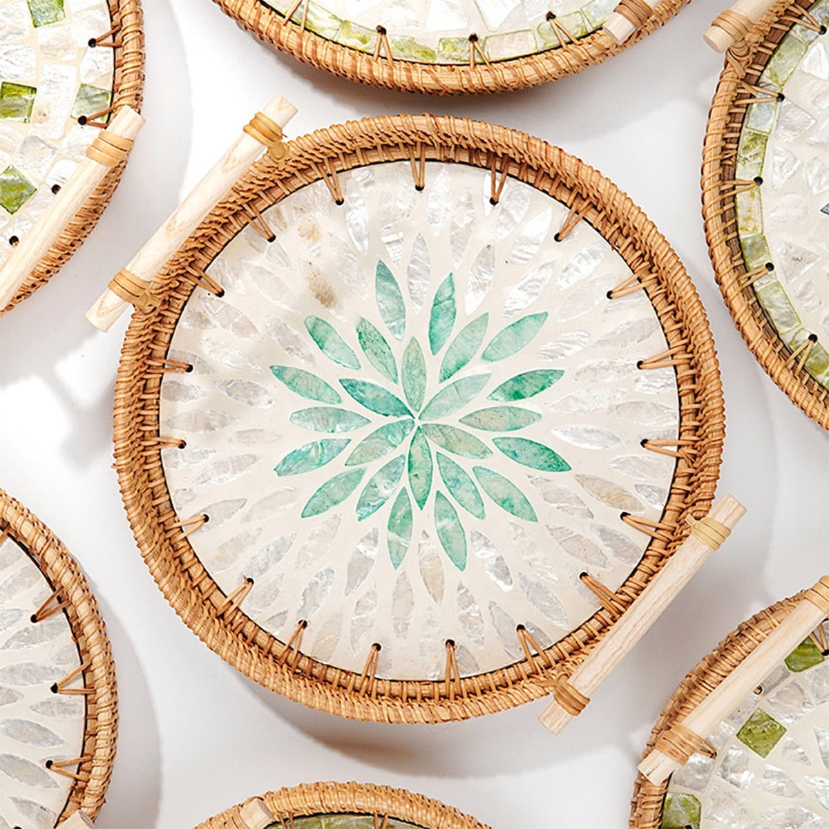 Round Rattan Wicker Woven Tray Basket with Shell Wooden Base and Handle ...