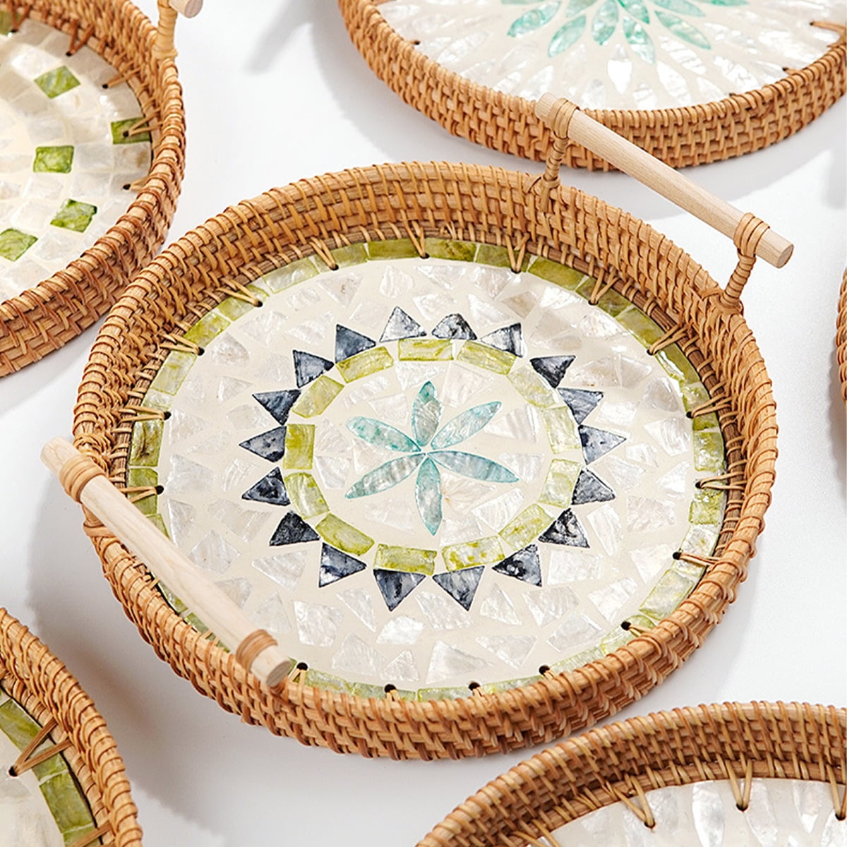 Round Rattan Wicker Woven Tray Basket with Shell Wooden Base and Handle ...