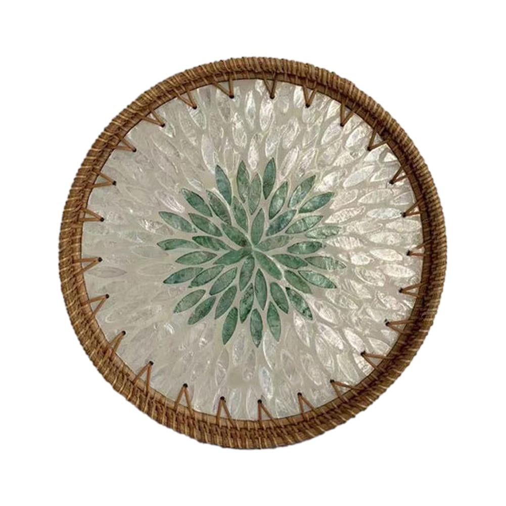 Round Rattan Woven Serving Tray Hand Woven Mosaic Tray With Wood Base ...