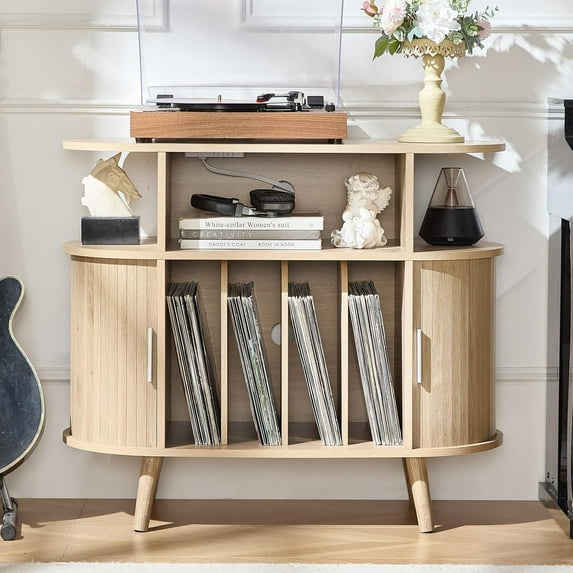 Round Record Player Stand with Charging Station & Fluted Display Shelf ...