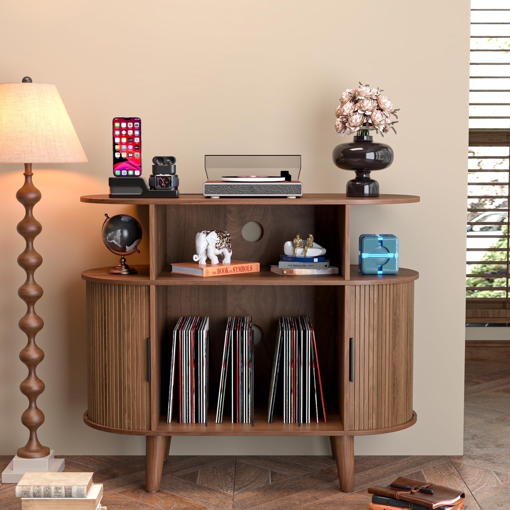 Fsbecl Adjustable Record Player Stand with Sliding Door, 30 x 15.7 x 35 ...