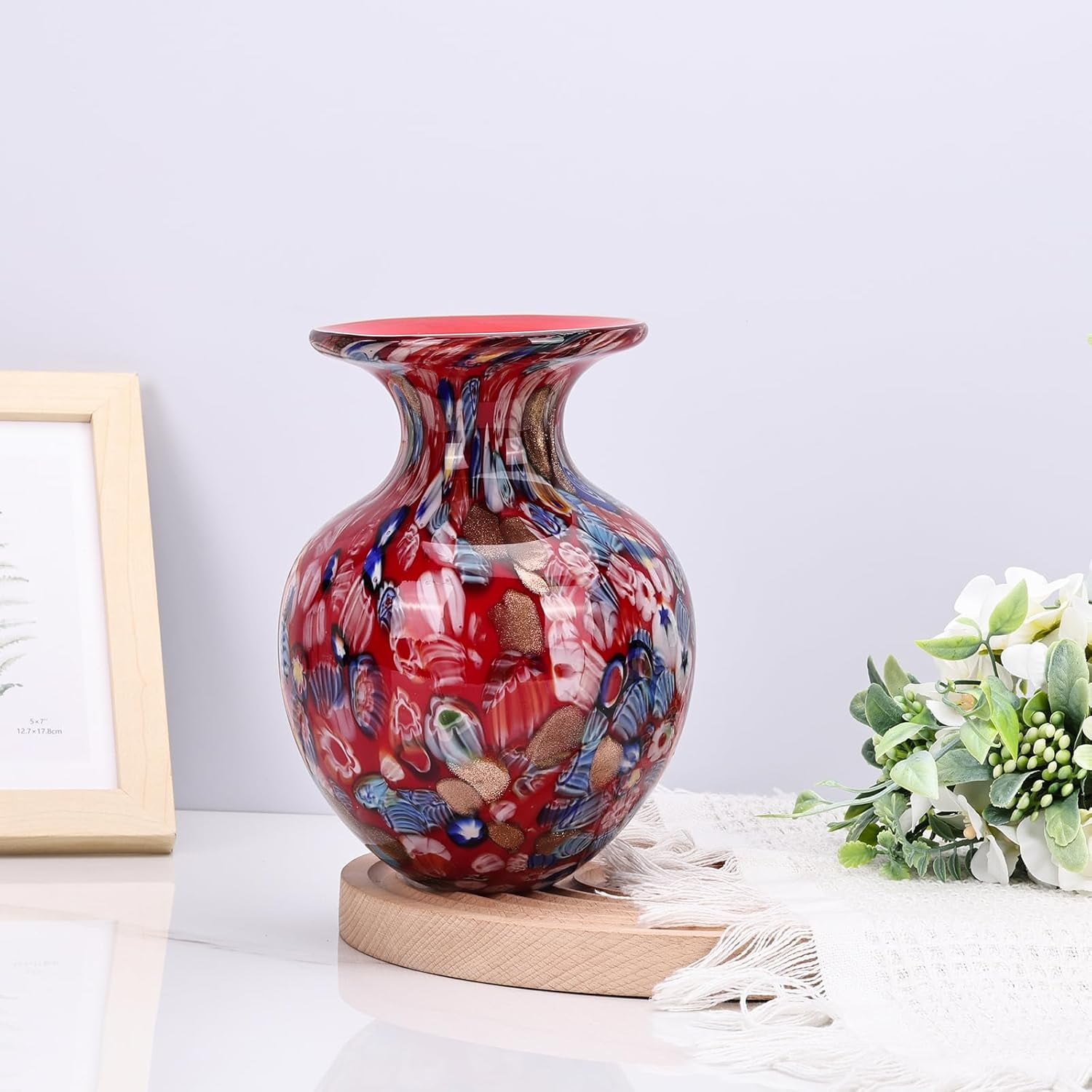 Round Red Glass Vase for Home Decor, Hand Blown Vase for Flowers, Boho ...