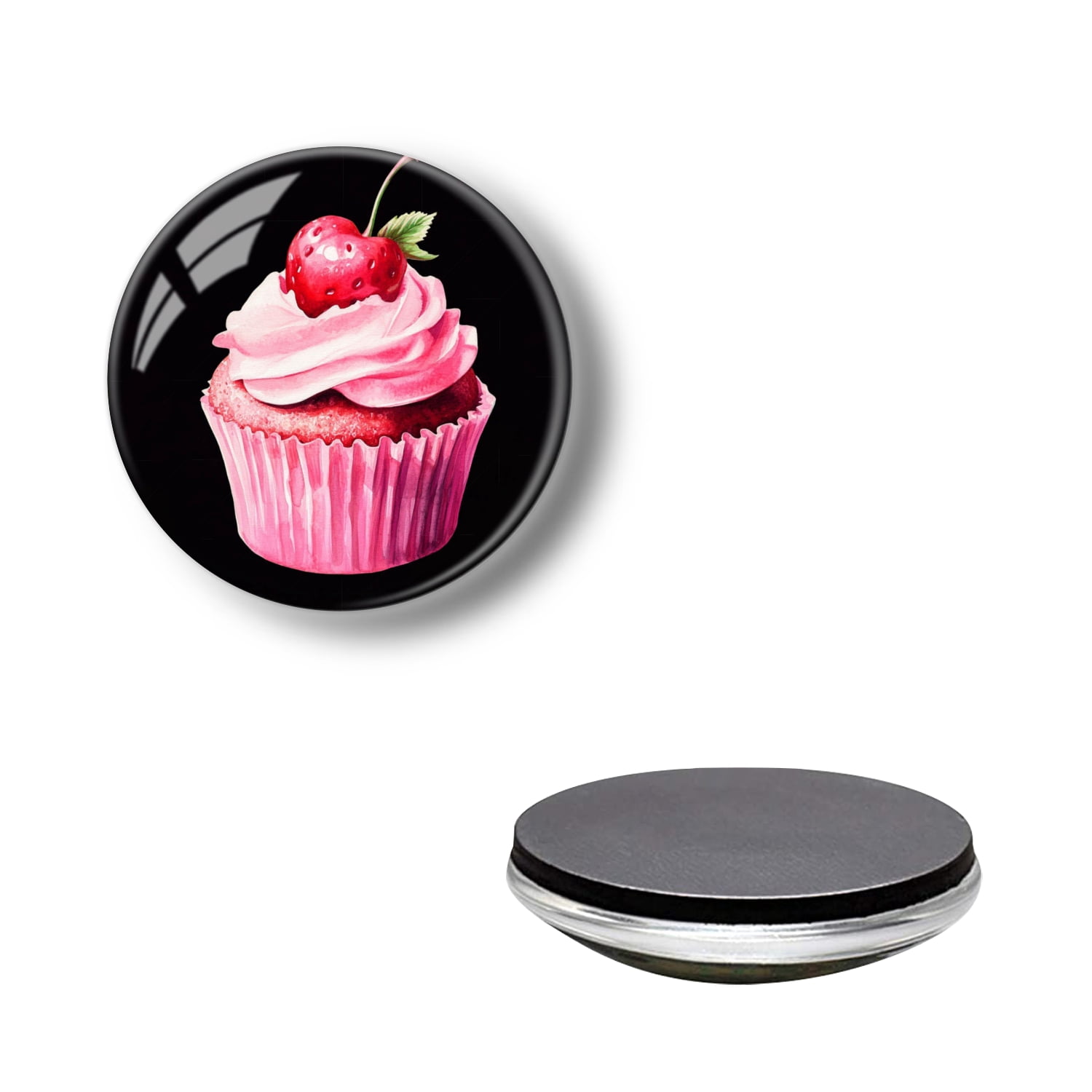 Round Refrigerator Magnets Strong Fridge Sticker, Pink Cupcake with Red ...