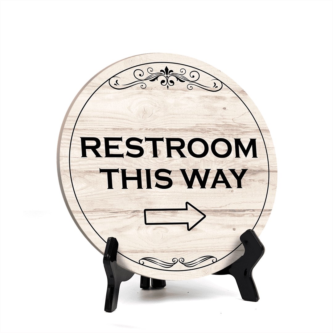 Round Restroom This Way, Light Wood Color Bathroom Table Sign with ...