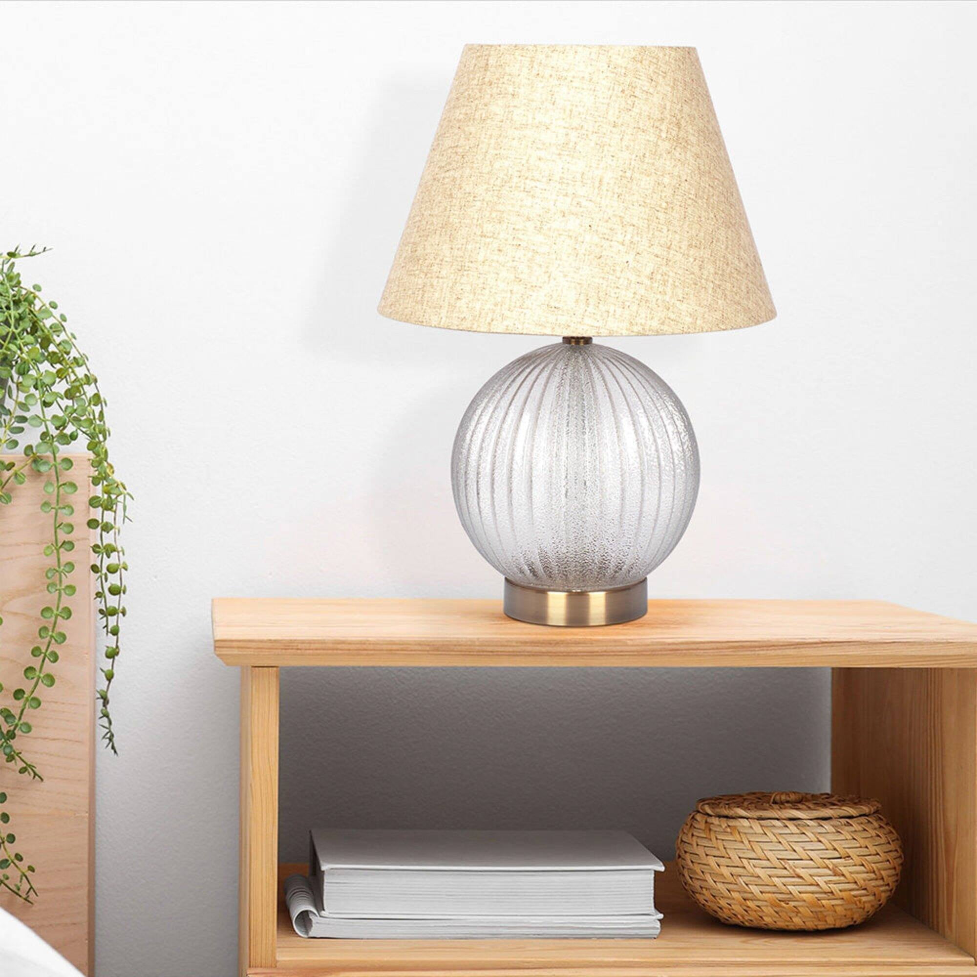 Round Ribbed Glass Table Lamp with Linen Shade - 17" Clear Glass Base ...