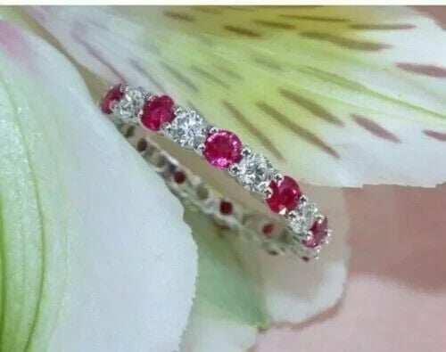 Round Ruby & Diamond Full Eternity Band Wedding Ring 14K White Gold ...
