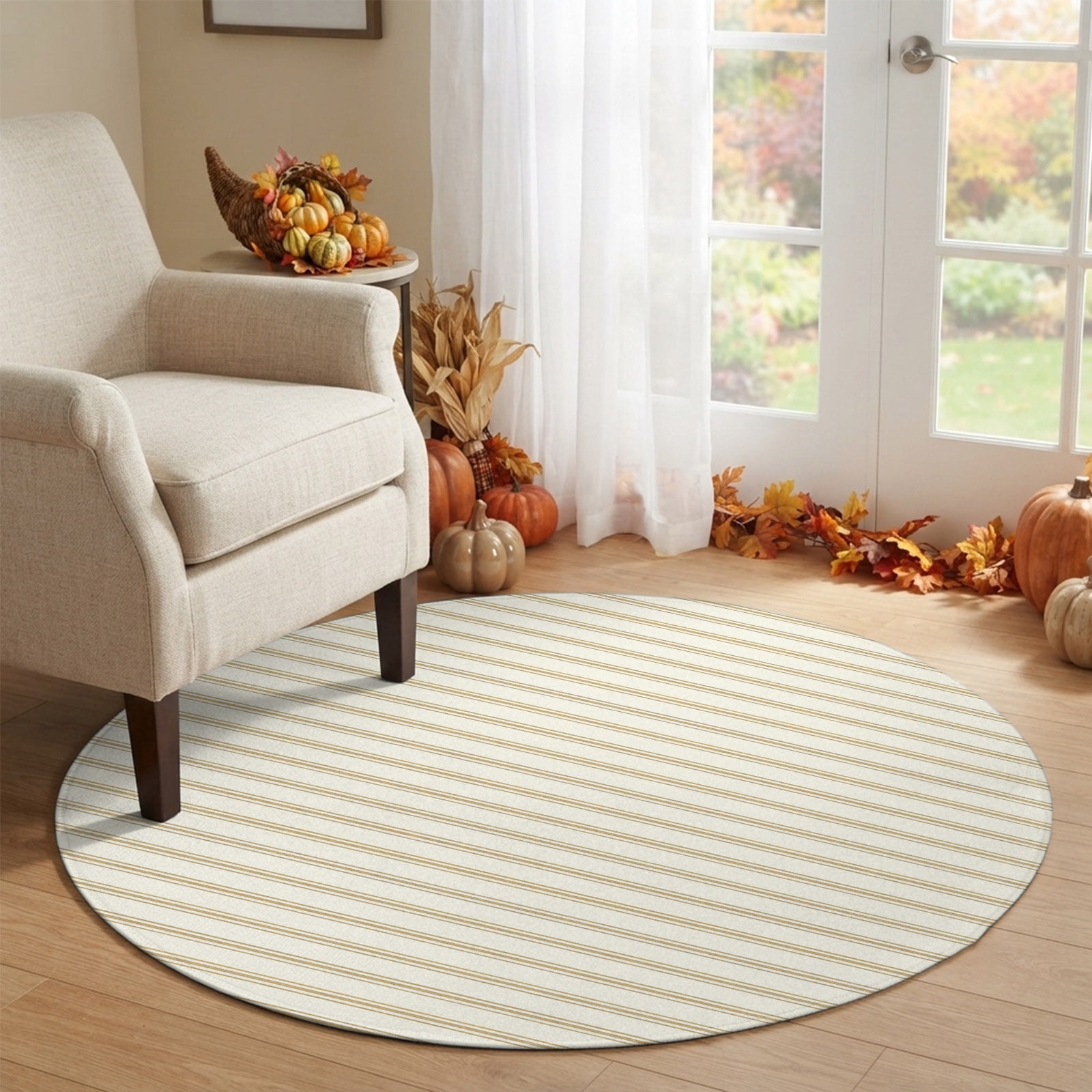 Round Rug 3.3Ft Washable Non-Slip, Yellow Striped Circle Area Rugs for ...