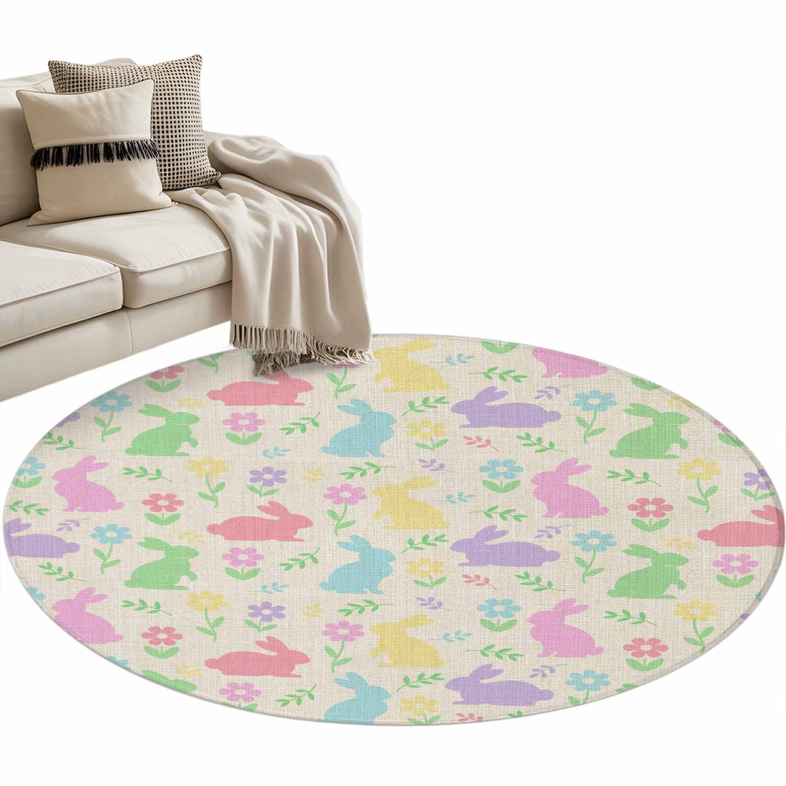 Round Rug 4ft Area Rug,Cartoon Pink Blue Green Easter Rabbits Area Rugs ...