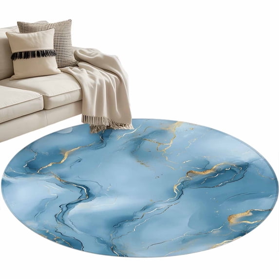 Round Rug 4ft Area Rug,Gradient Blue Marble Golden Lines Area Rugs for ...