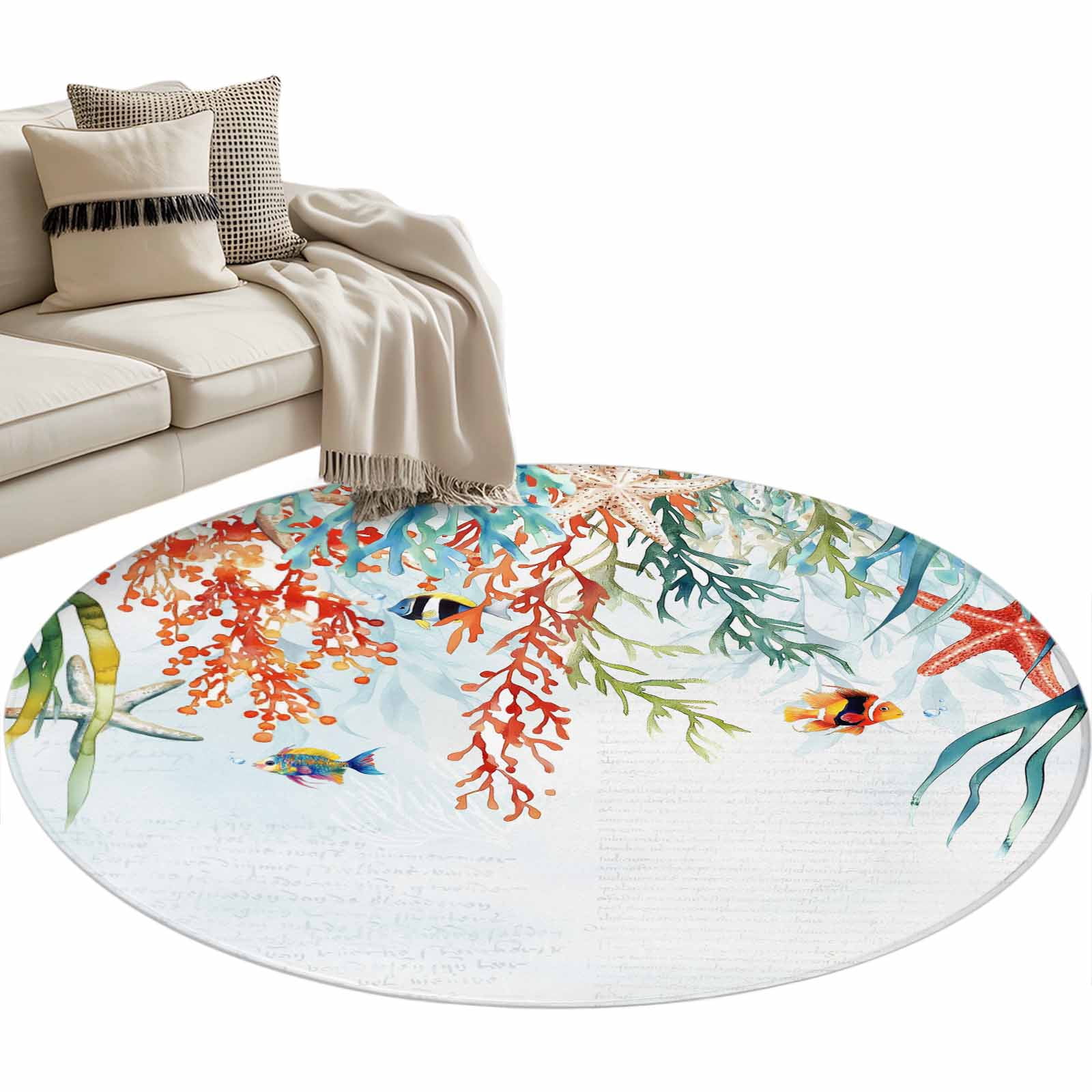 Round Rug 4ft Area Rug,Ocean Coral Fish Starfish Area Rugs for Living ...