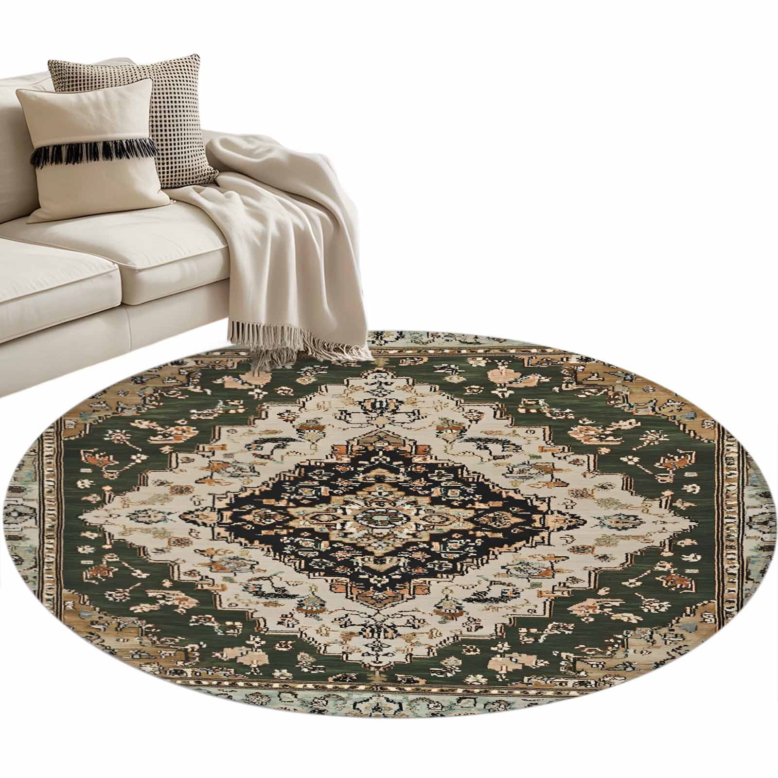 Round Rug 4ft Area Rug,Retro Traditional Turkish Floral Pattern Area ...