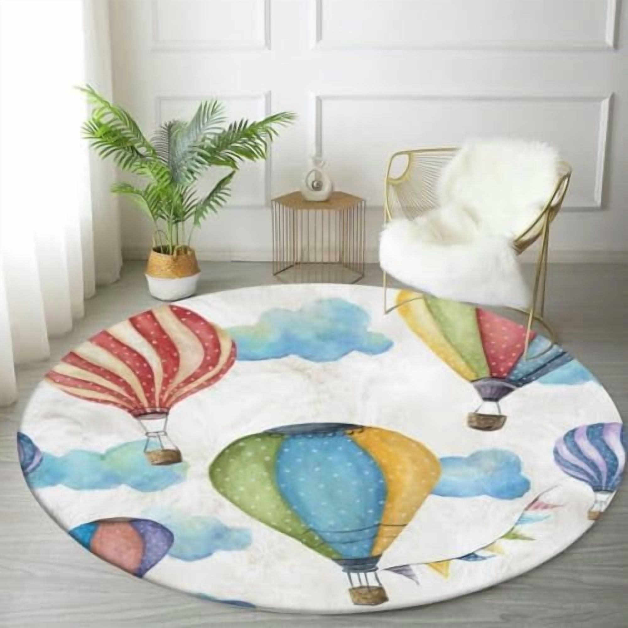 Round Rug 4ft Circle Area Rug Hot Air Balloon Watercolor Painting ...