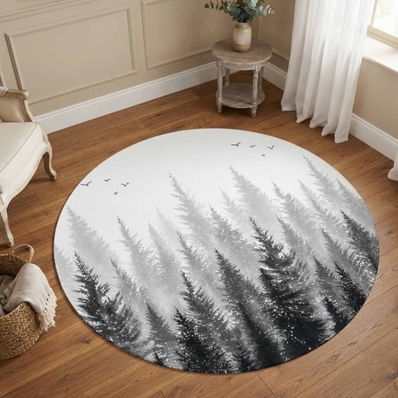 Round Rug 5Ft Washable Non-Slip, Black Ombre Forest Circle Area Rugs ...