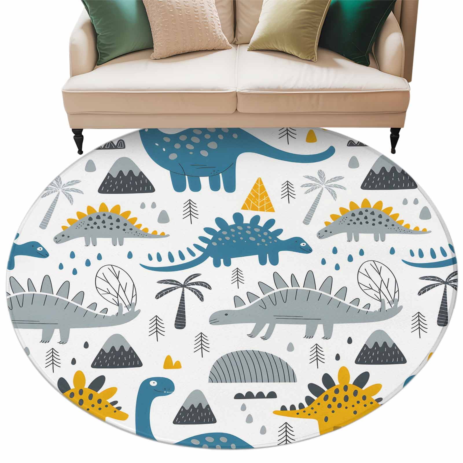 Round Rug 5ft Area Rug,Cartoons Gray Blue Yellow Dinosaurs Area Rugs ...