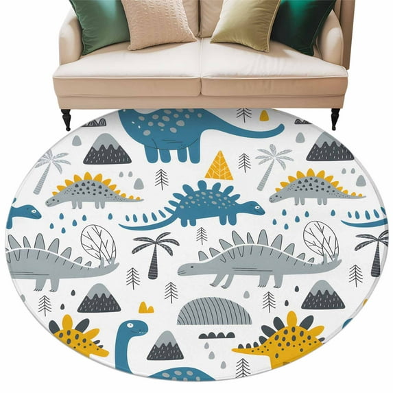 Round Rug 5ft Area Rug,Cartoons Gray Blue Yellow Dinosaurs Area Rugs ...