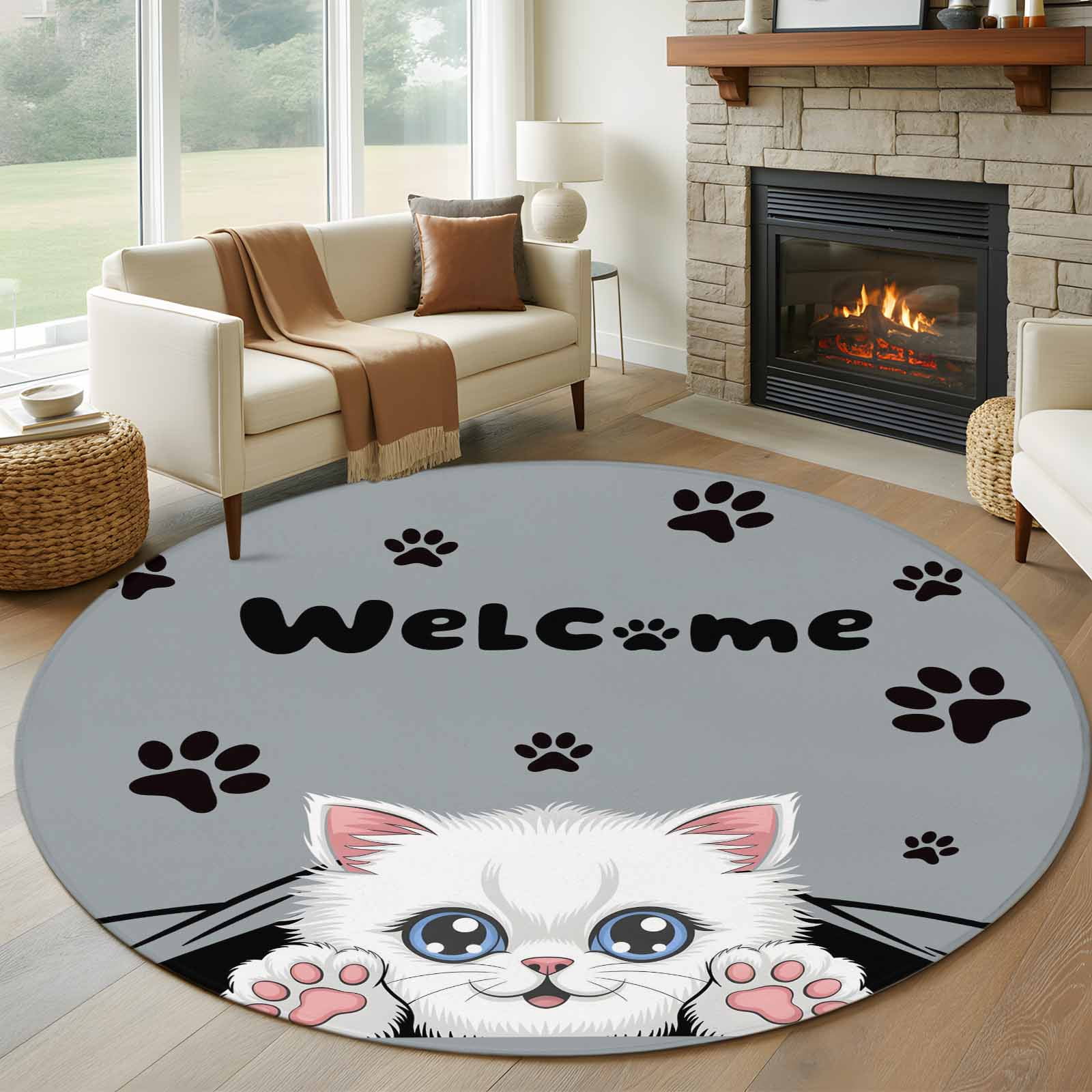 Round Rug 6Ft Washable Non-Slip, Cute Cats Circle Area Rugs for Living ...