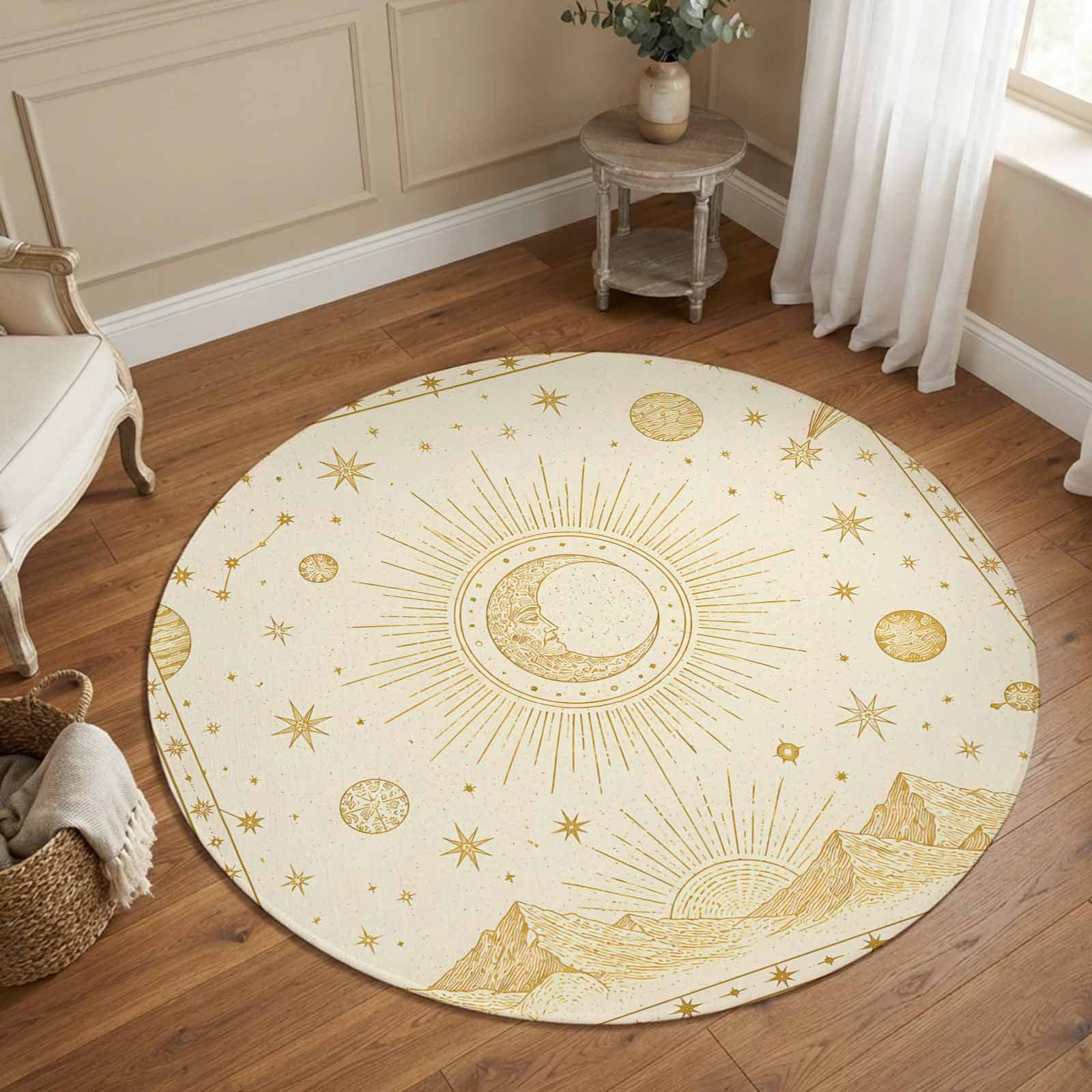 Round Rug 6Ft Washable Non-Slip, Golden Abstract Circle Area Rugs for ...