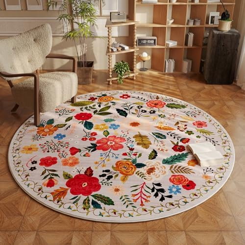 Round Rug 6ft Washable Circle Rug Non Slip Low Pile Boho Floral Small ...