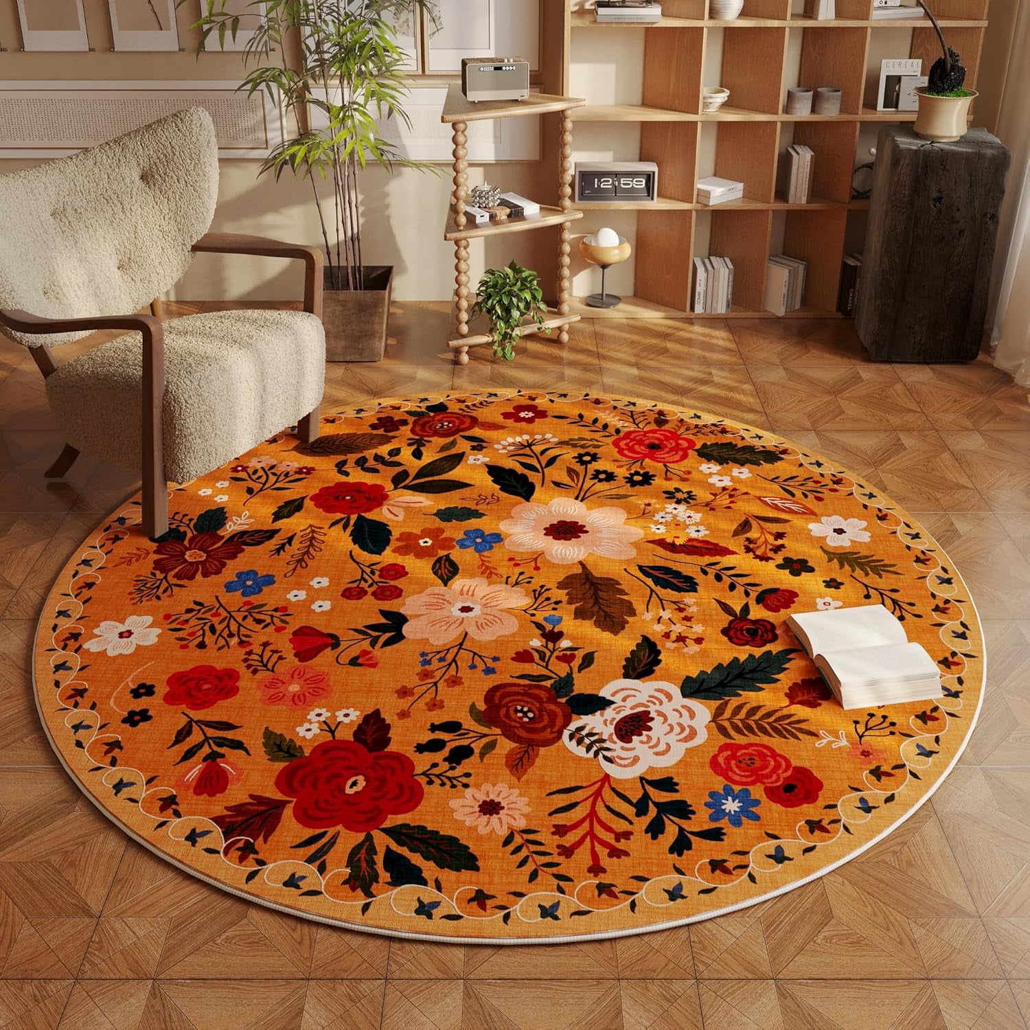 Round Rug 6ft Washable Circle Rug Non Slip Low Pile Boho Floral Small ...