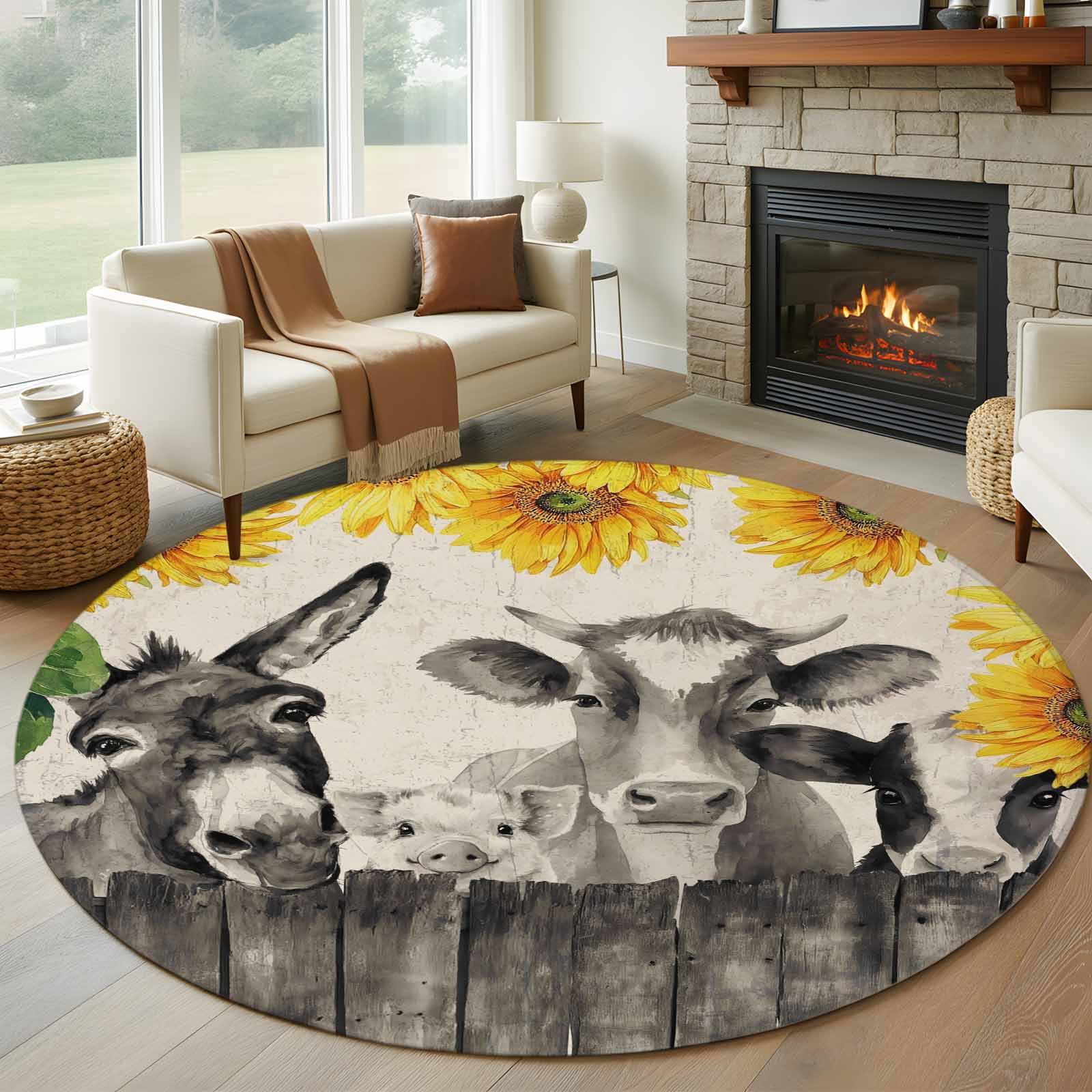 Round Rug 7Ft Washable Non-Slip, Grey Farm Animals Circle Area Rugs for ...