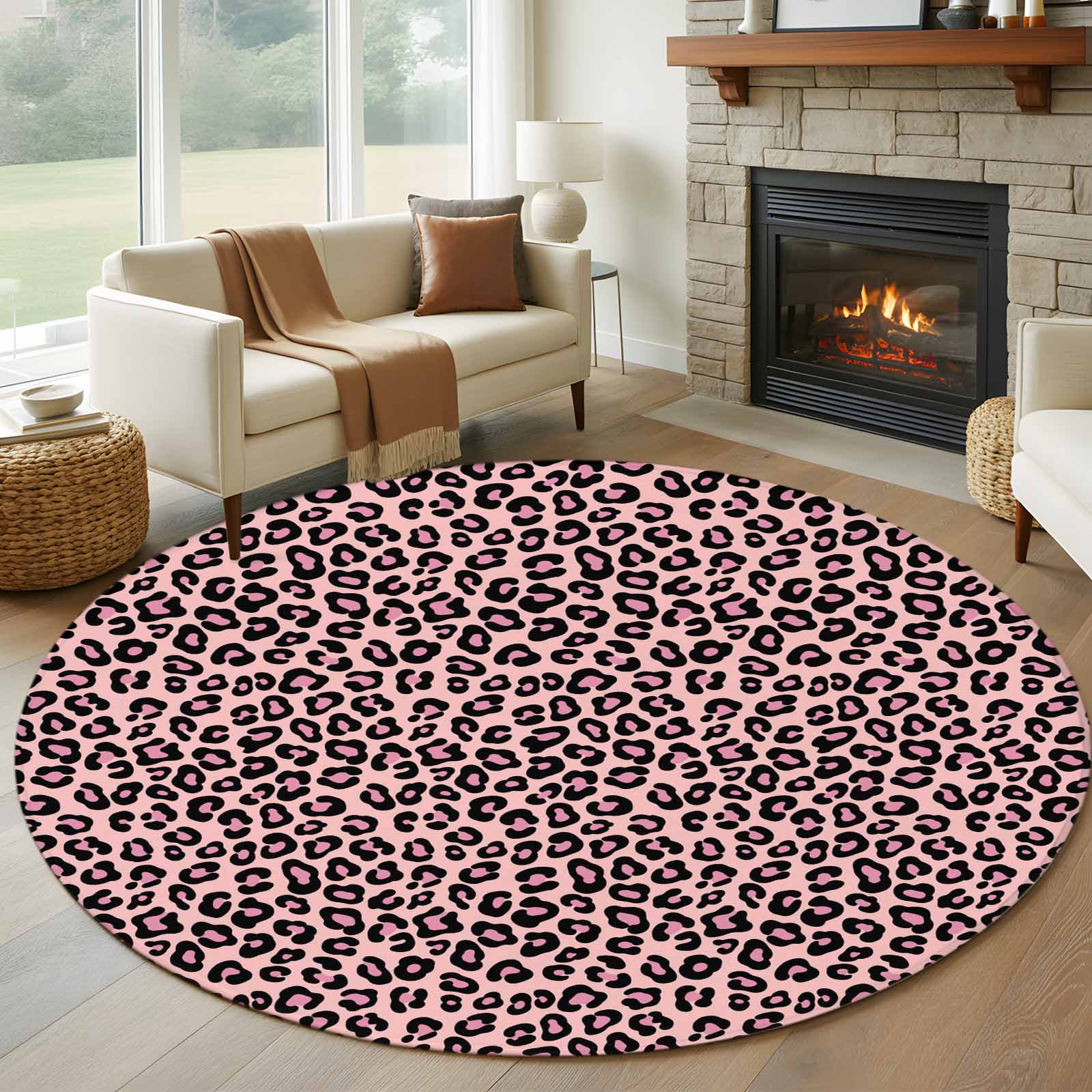 Round Rug 7Ft Washable Non-Slip, Pink Black Circle Area Rugs for Living ...