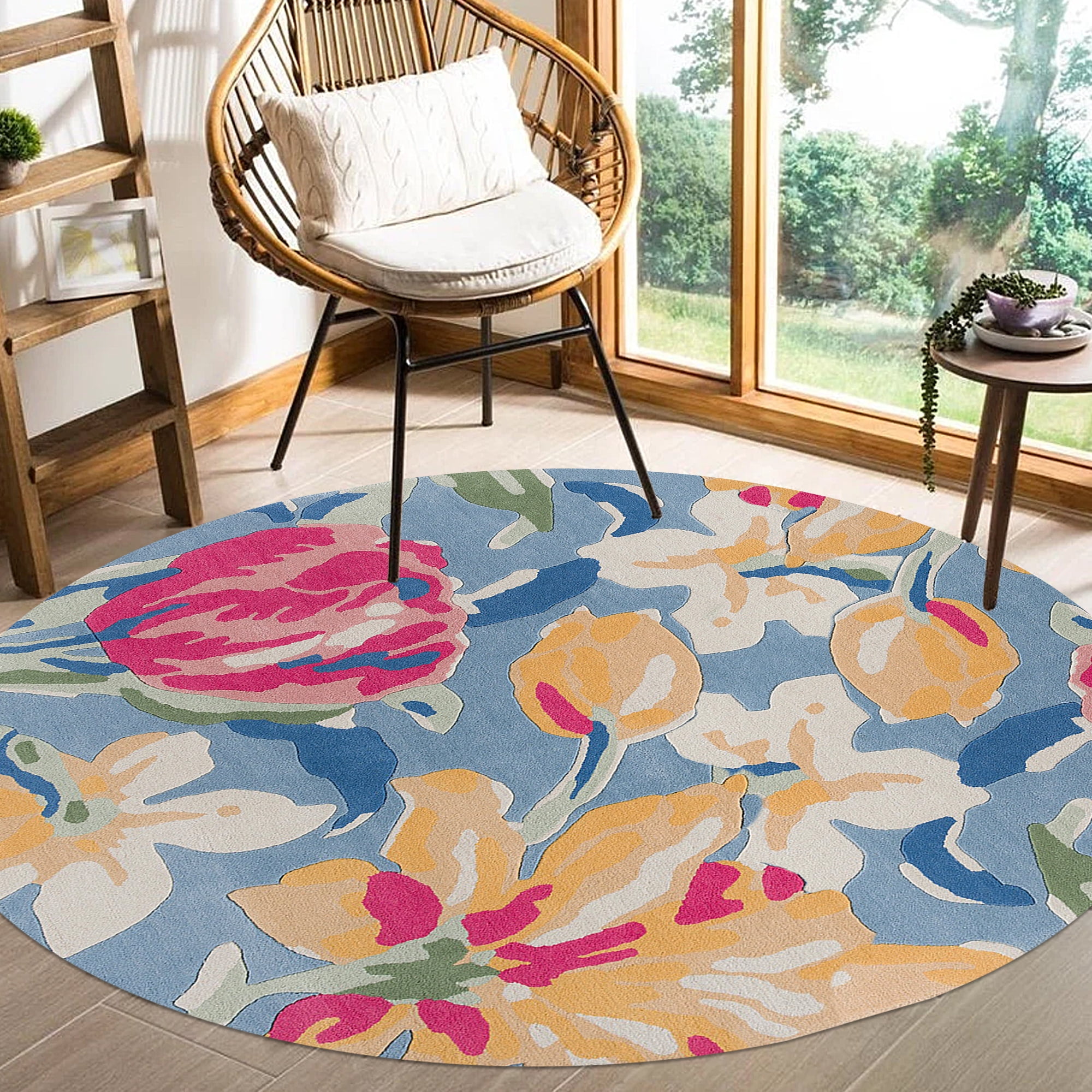Round Rug, Blue Carpet 9x9, Dining Room, Bedroom, Hand Tufted, Floral ...