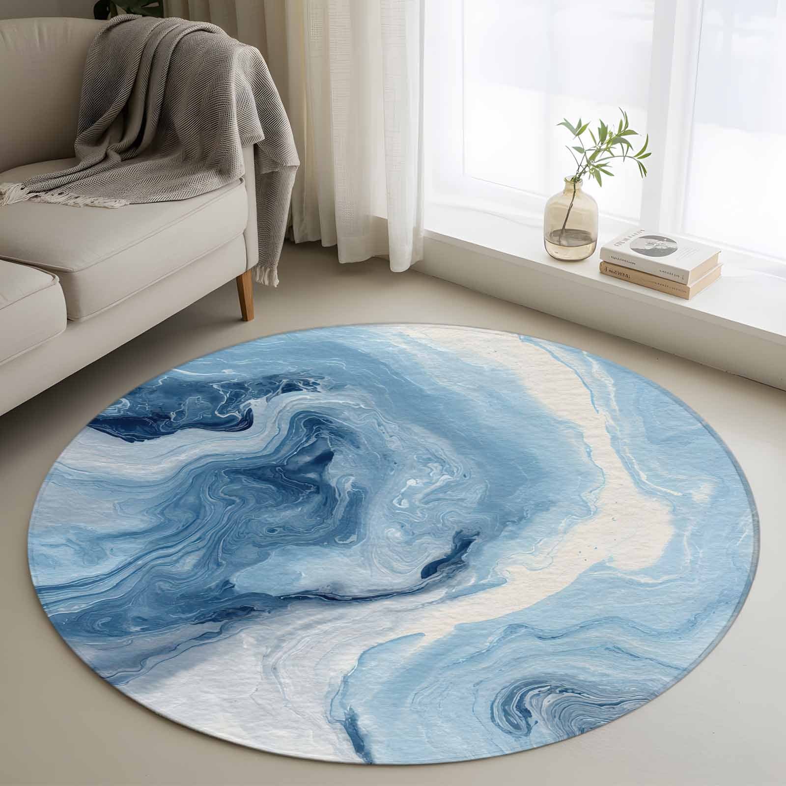 Round Rugs 3.3 Ft, Blue Marble Non Slip Area Rugs for Kitchen Bedroom ...