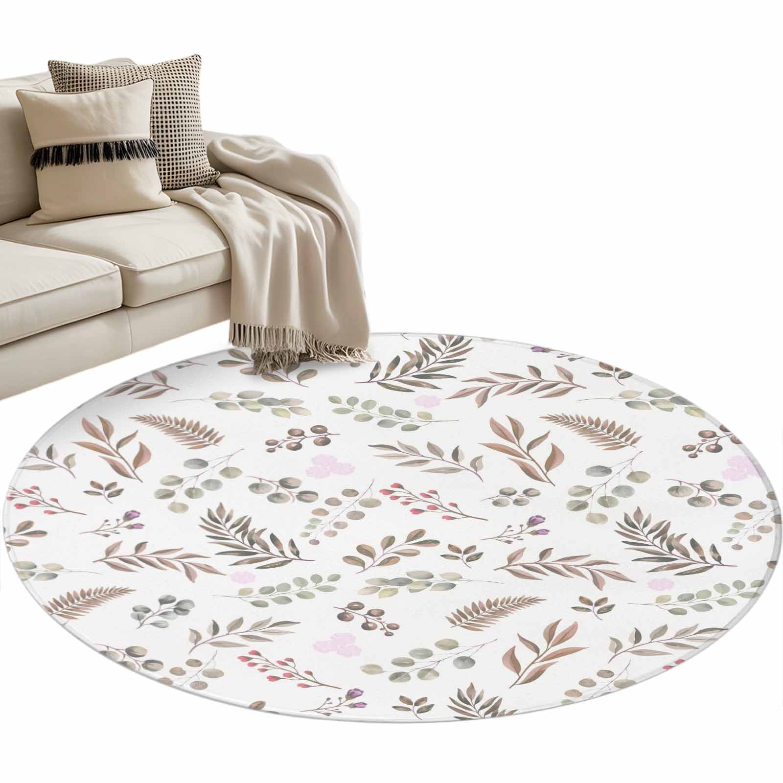 Round Rugs 3.3 Ft, Brown Leaves Herbs Non Slip Area Rugs for Kitchen ...