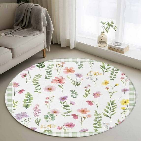 Round Rugs 3.3 Ft, Spring Floral Non Slip Area Rugs for Kitchen Bedroom ...