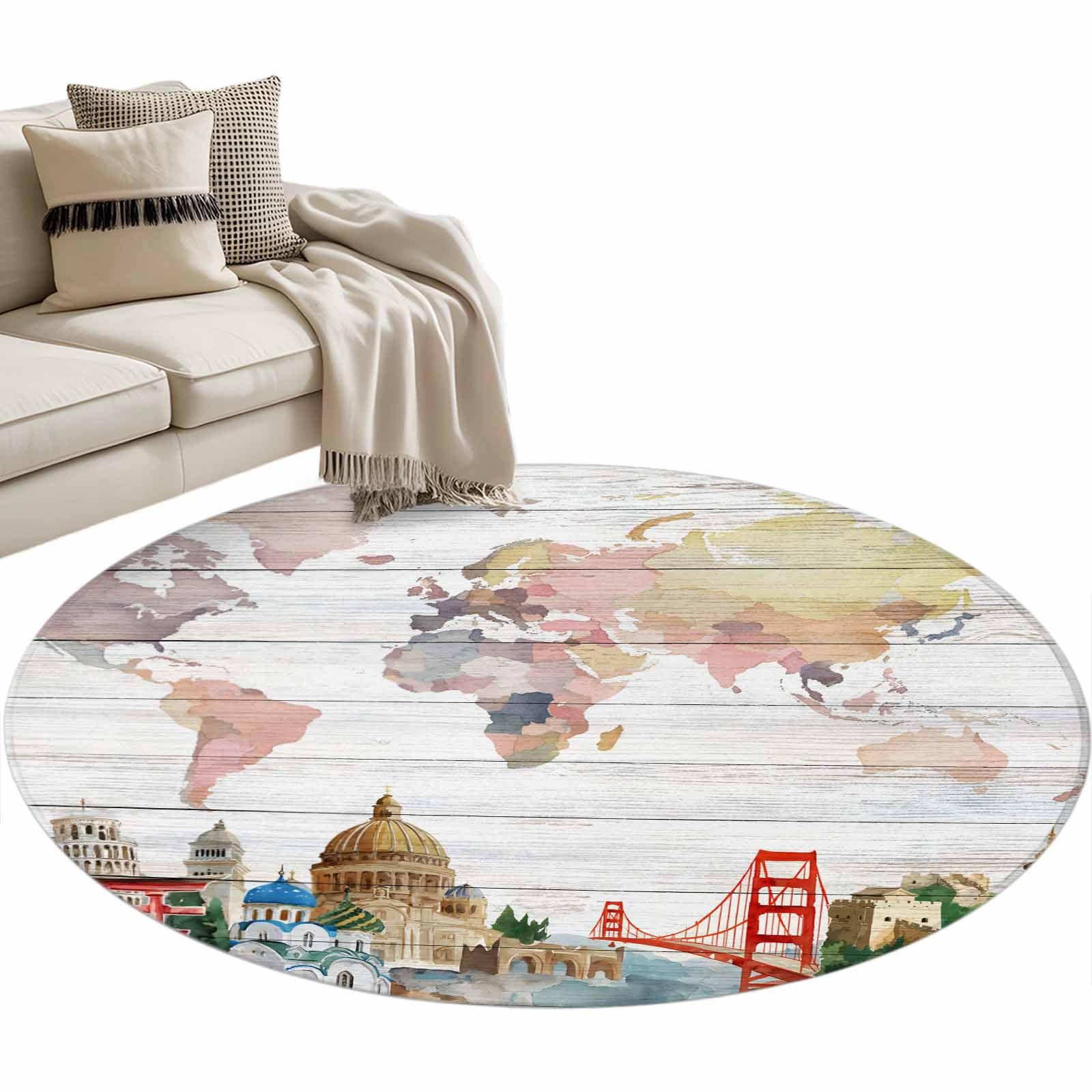 Round Rugs 3.3 Ft, World Map Non Slip Area Rugs for Kitchen Bedroom ...