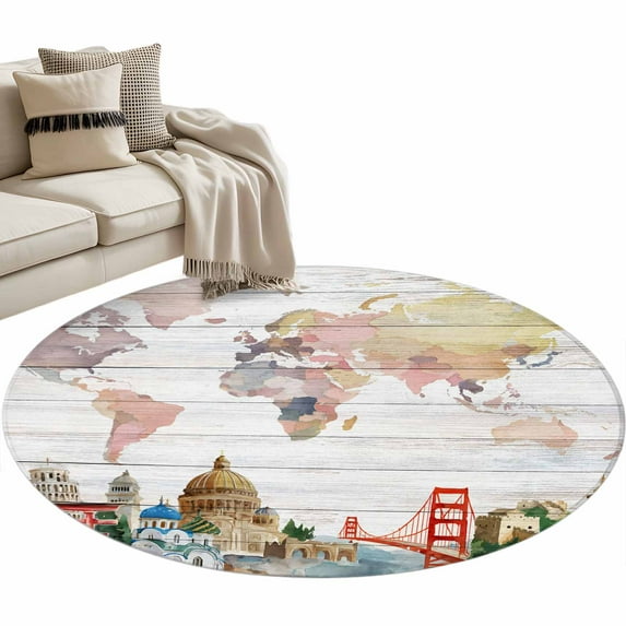 Round Rugs 3.3 Ft, World Map Non Slip Area Rugs for Kitchen Bedroom ...