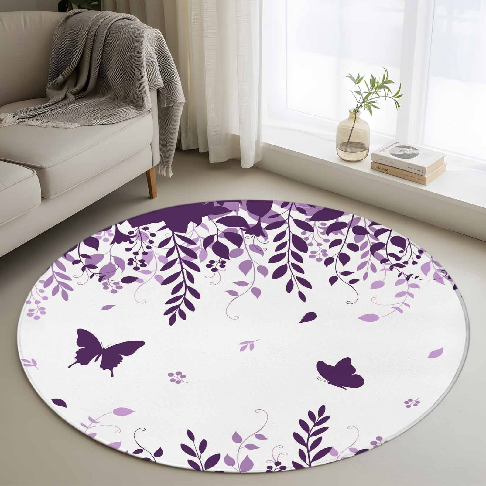 Round Rugs 3 Ft, Purple Spring Botanical Non Slip Area Rugs for Kitchen ...