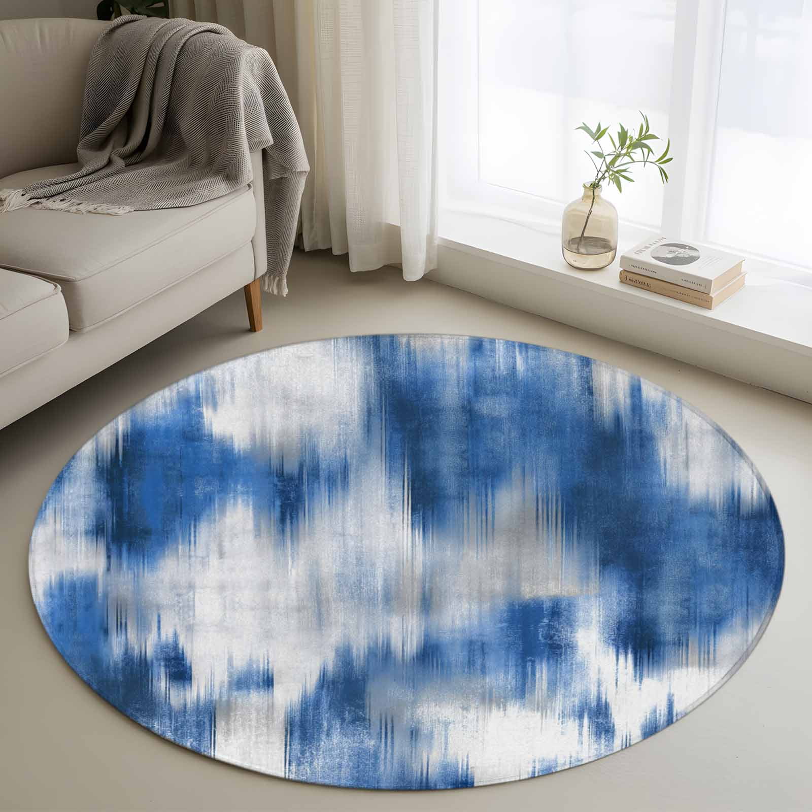 Round Rugs 3Ft, Blue Grey Round Area Rug Washable Indoor Throw Carpet ...
