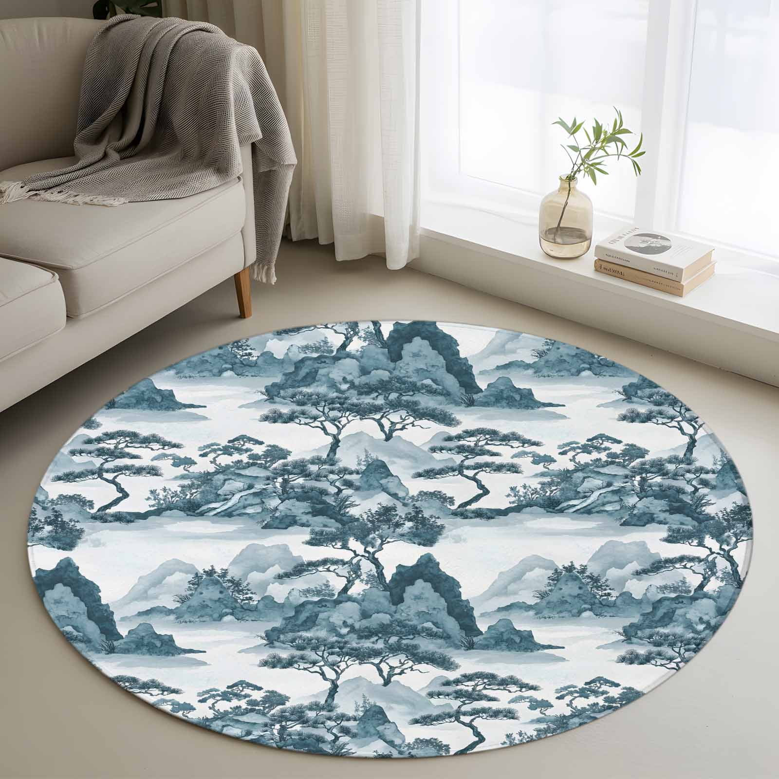 Round Rugs 3Ft, Teal Garden Round Area Rug Washable Indoor Throw Carpet ...