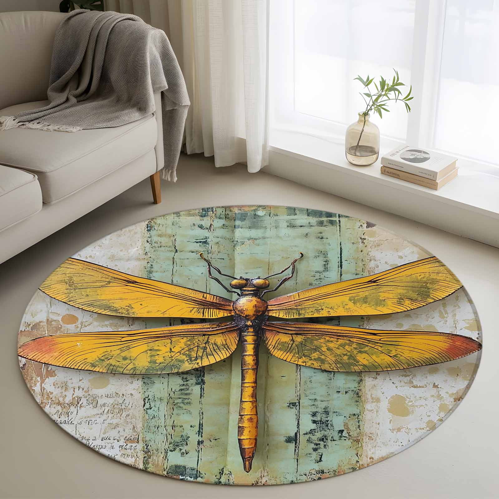 Round Rugs 3Ft, Vintage Dragonfly Round Area Rug Washable Indoor Throw ...