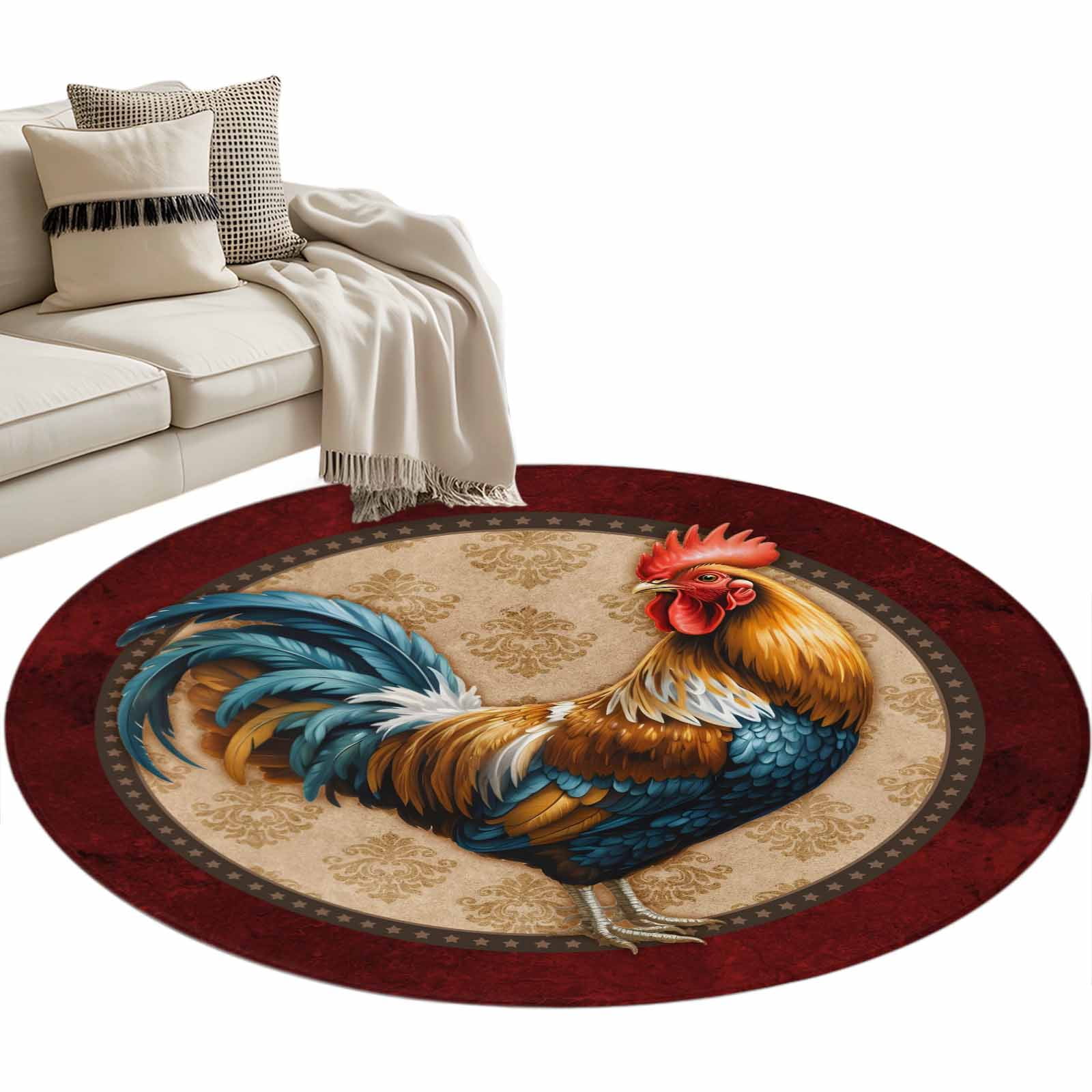 Round Rugs 4 Ft, Farm Rooster Non Slip Area Rugs for Kitchen Bedroom ...
