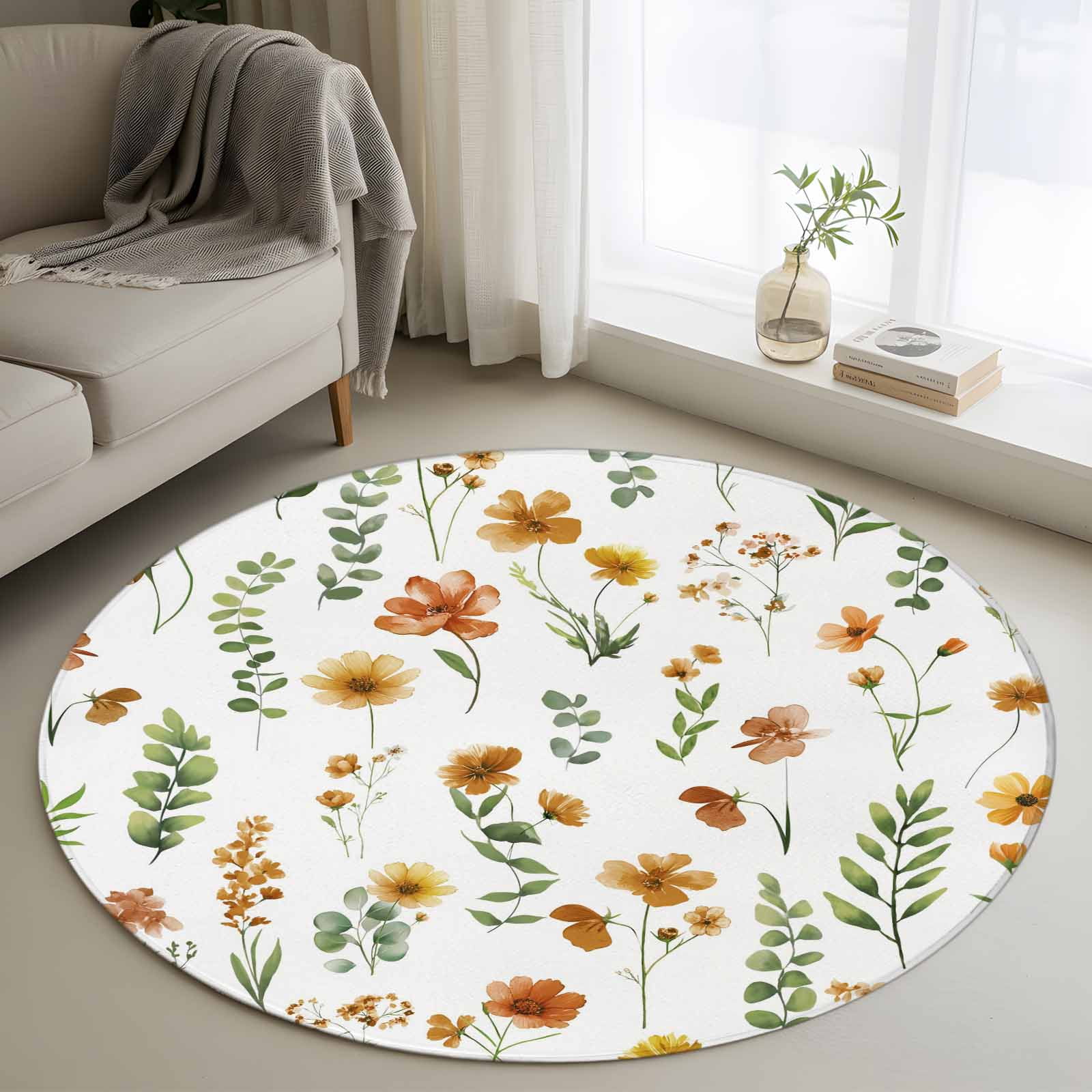 Round Rugs 4 Ft, Yellow Spring Floral Non Slip Area Rugs for Kitchen ...
